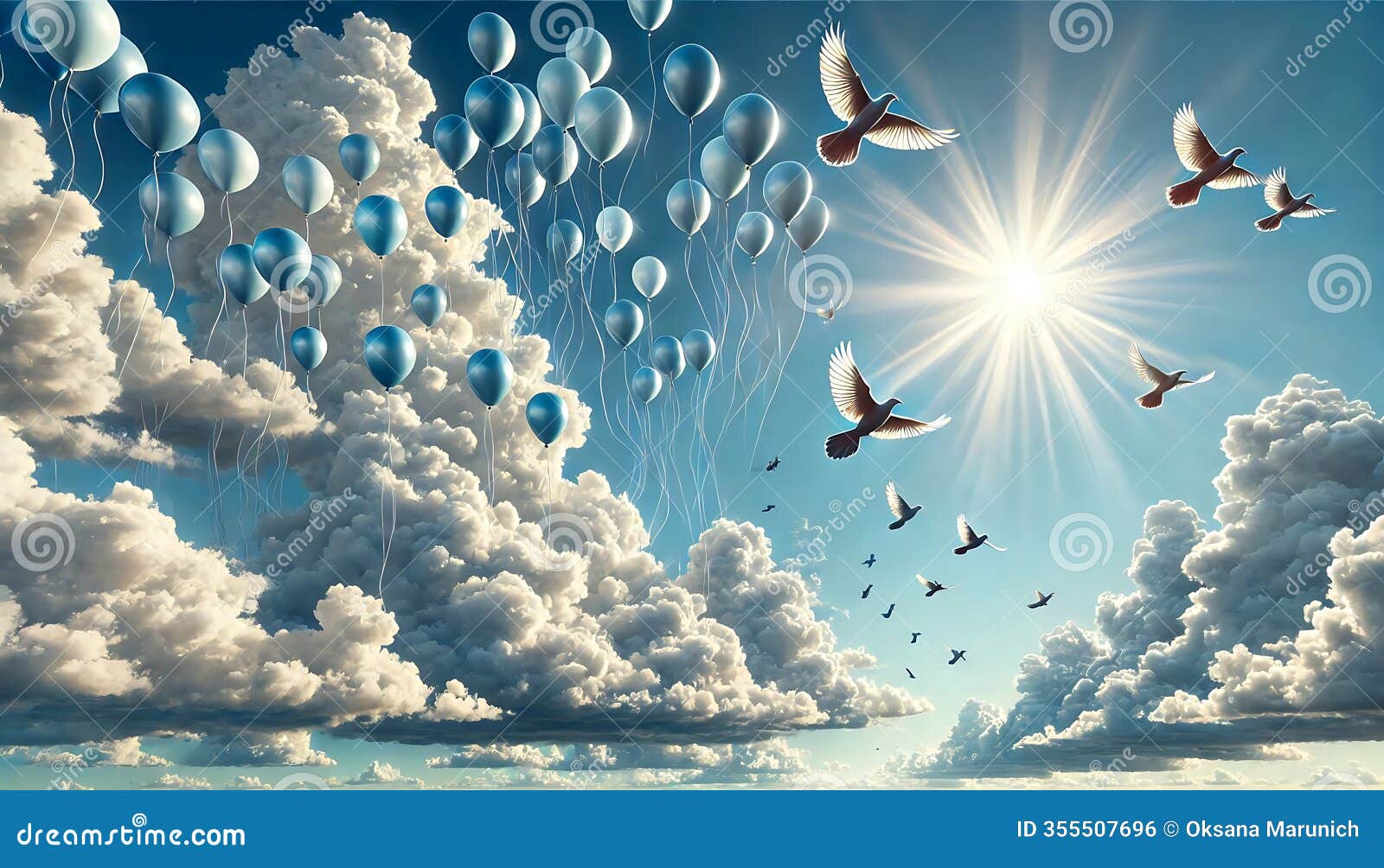 Bright Blue Sky with Floating Balloons Shaped Like Birds and Clouds ...