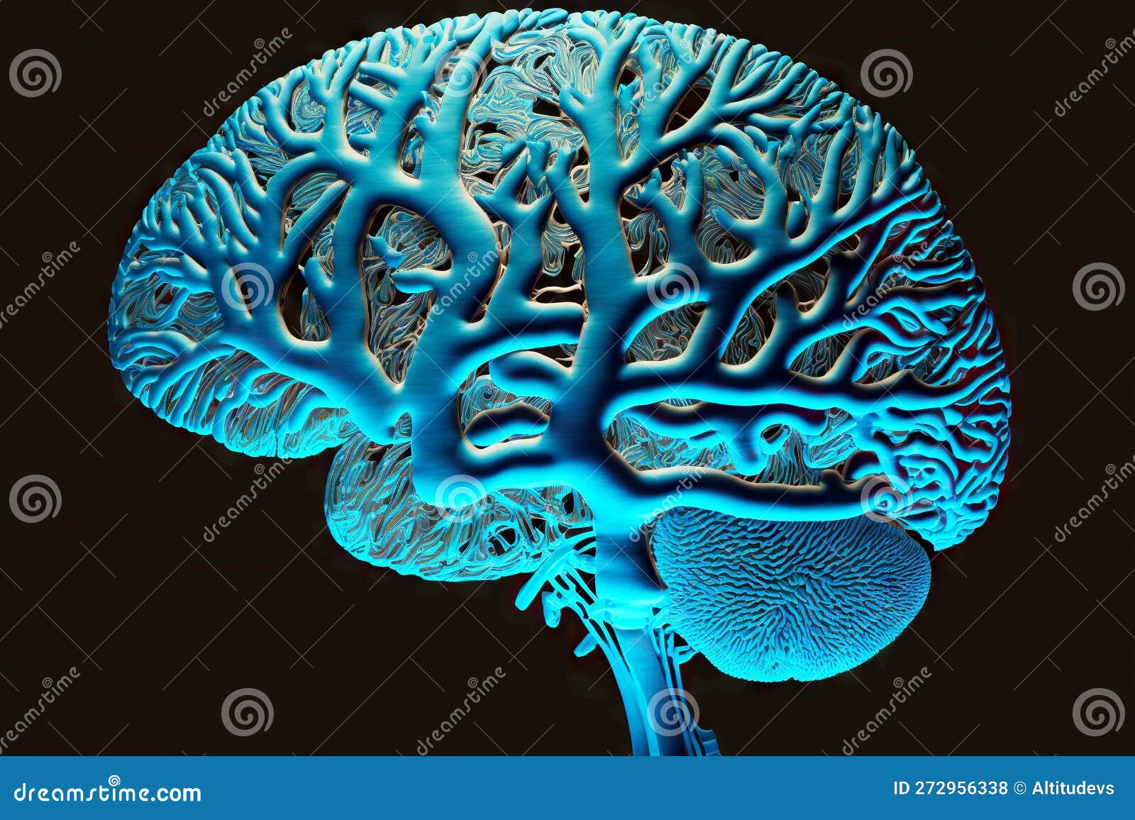 Bright Blue Three-dimensional Model of Human Brain on Black Background ...