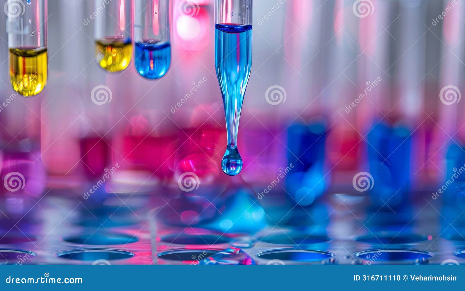 Bright Blue Water Drop Reflects Vibrant Colors in Laboratory Backdrop ...