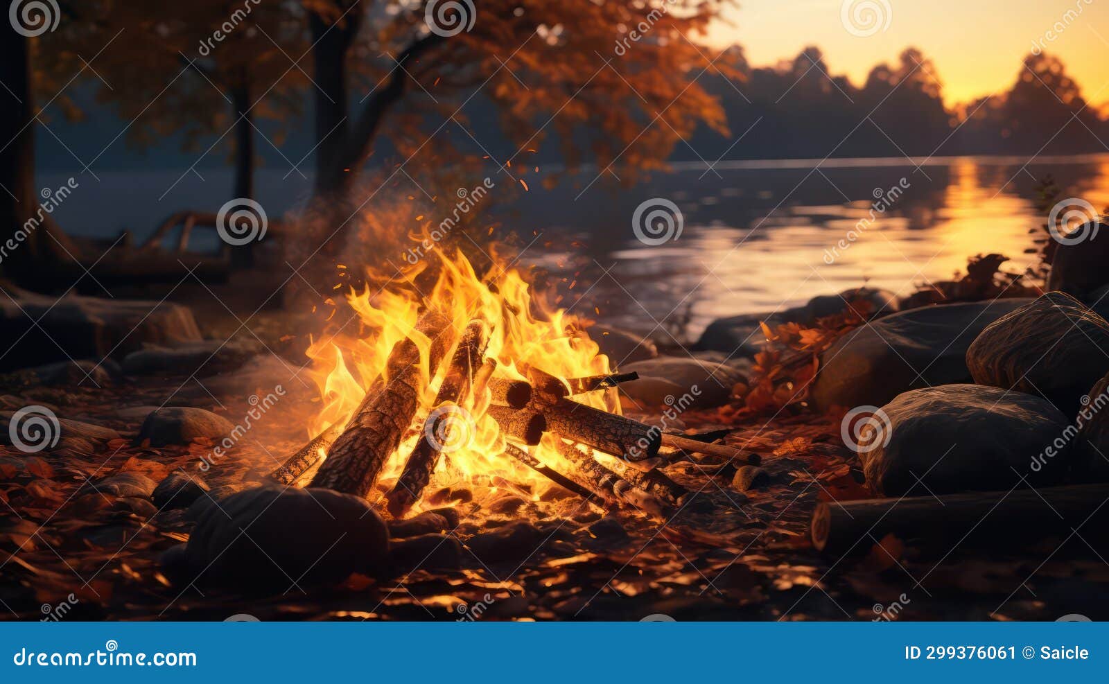 Bright Bonfire in the Forest on the Lake Shore. Generative AI Stock ...