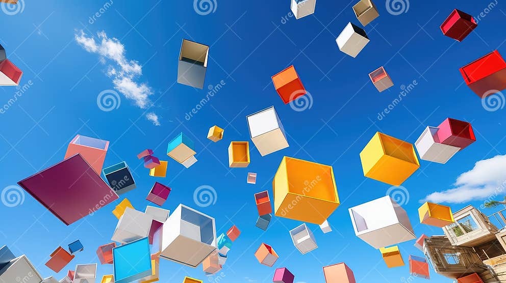 Bright boxes flying stock illustration. Illustration of cheerful ...