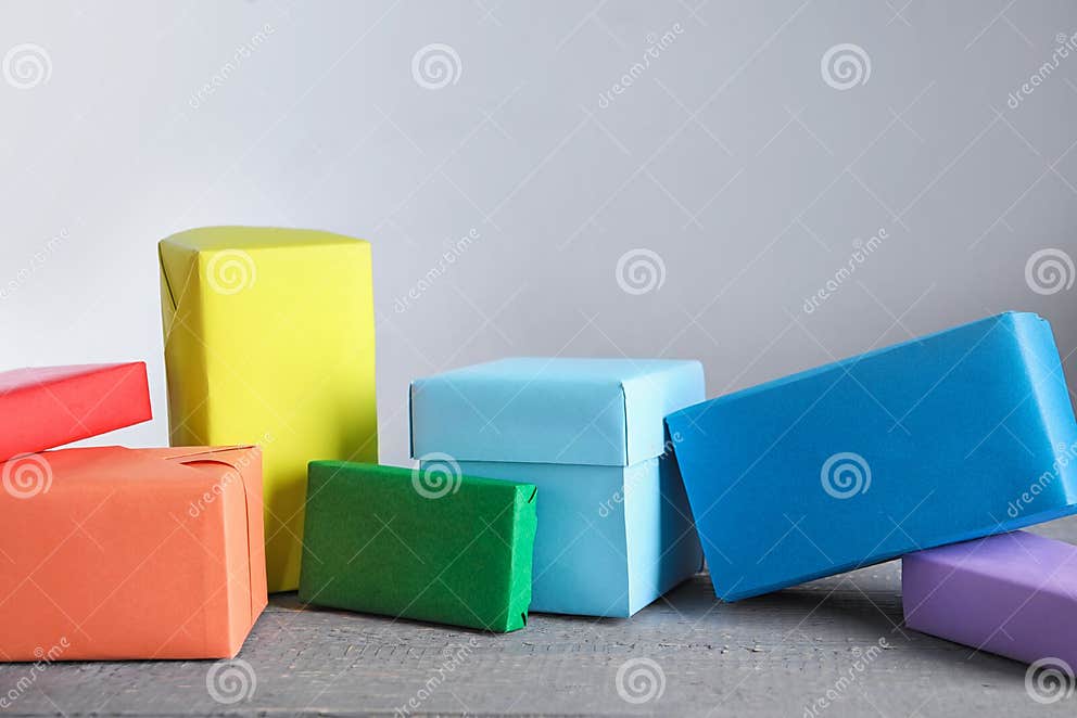 Bright Boxes on Table. Rainbow Colors Stock Image - Image of presents ...