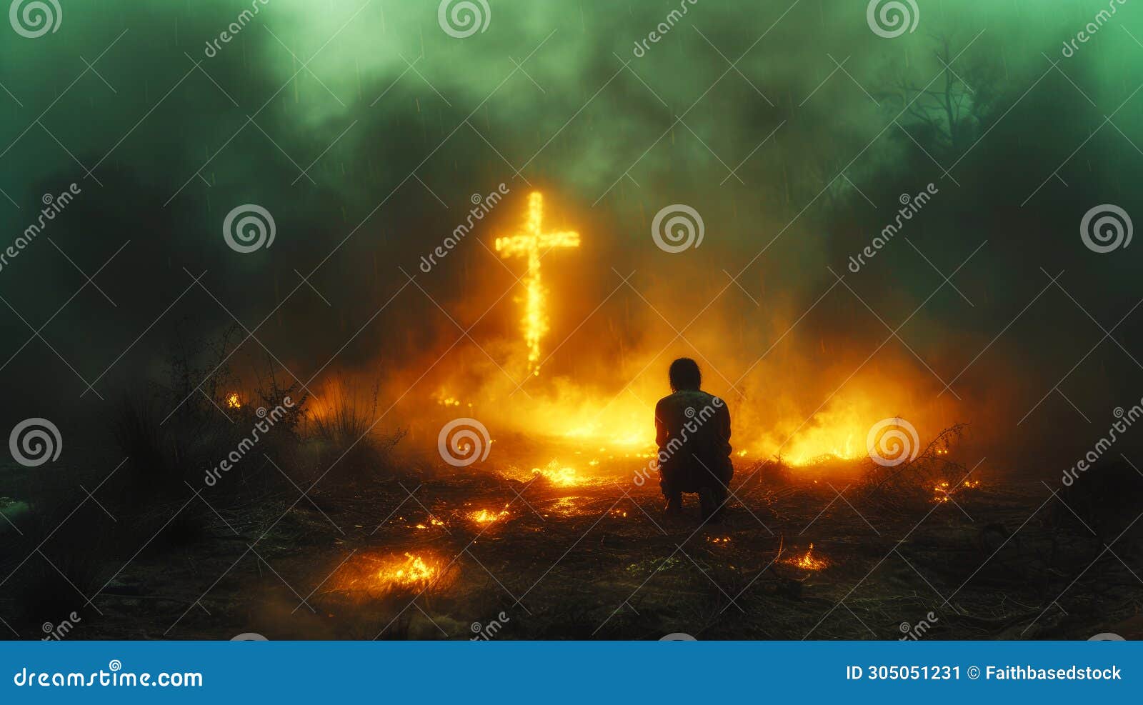 Bright Burning Cross with a Man Kneeling in Front of it during the ...