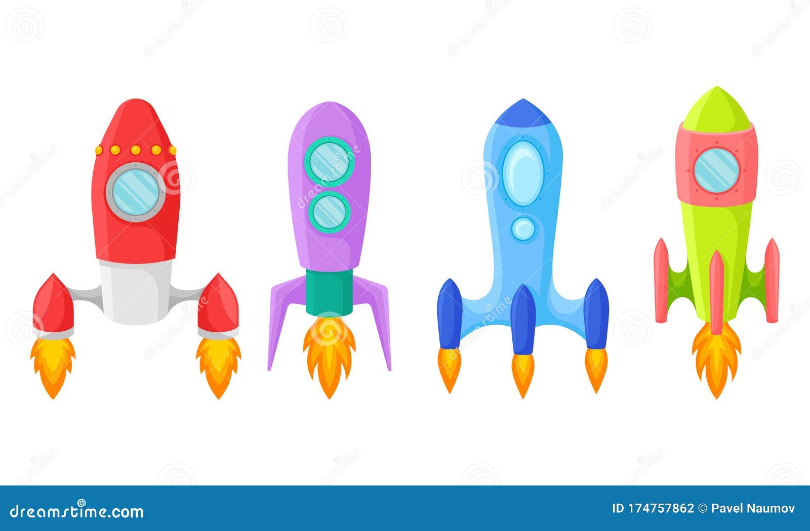 Bright Cartoon Rockets Taking Off from the Ground Vector Set Stock ...
