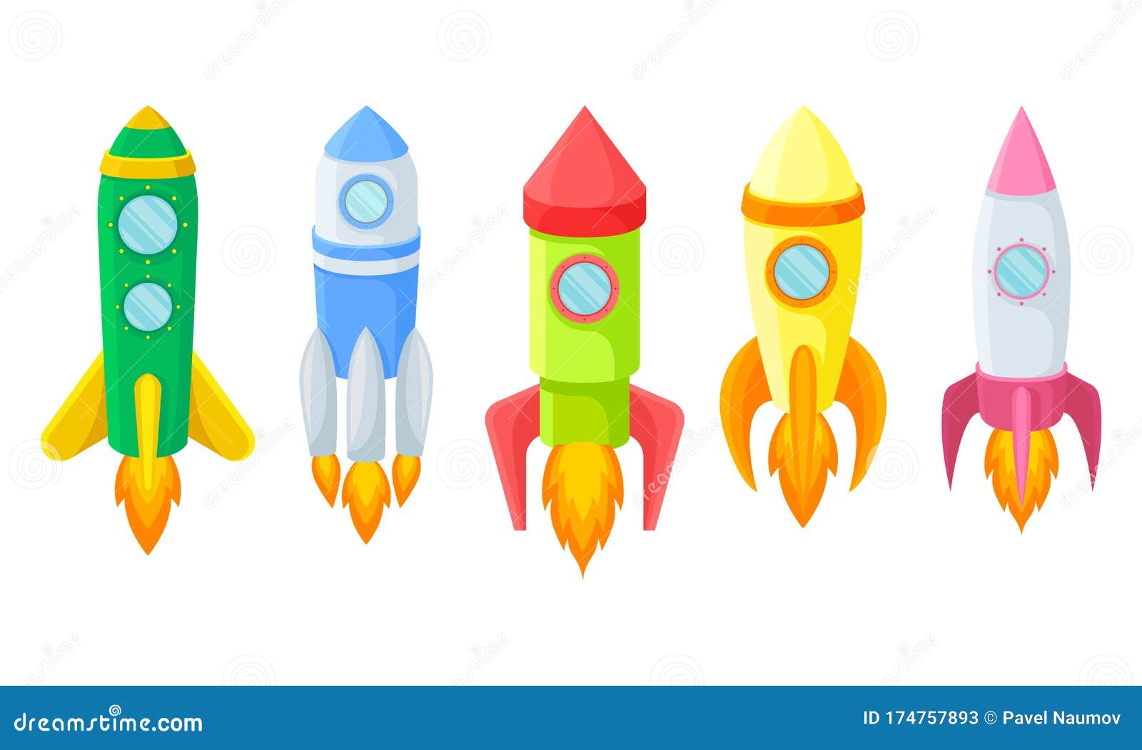 Bright Cartoon Rockets Taking Off from the Ground Vector Set Stock ...