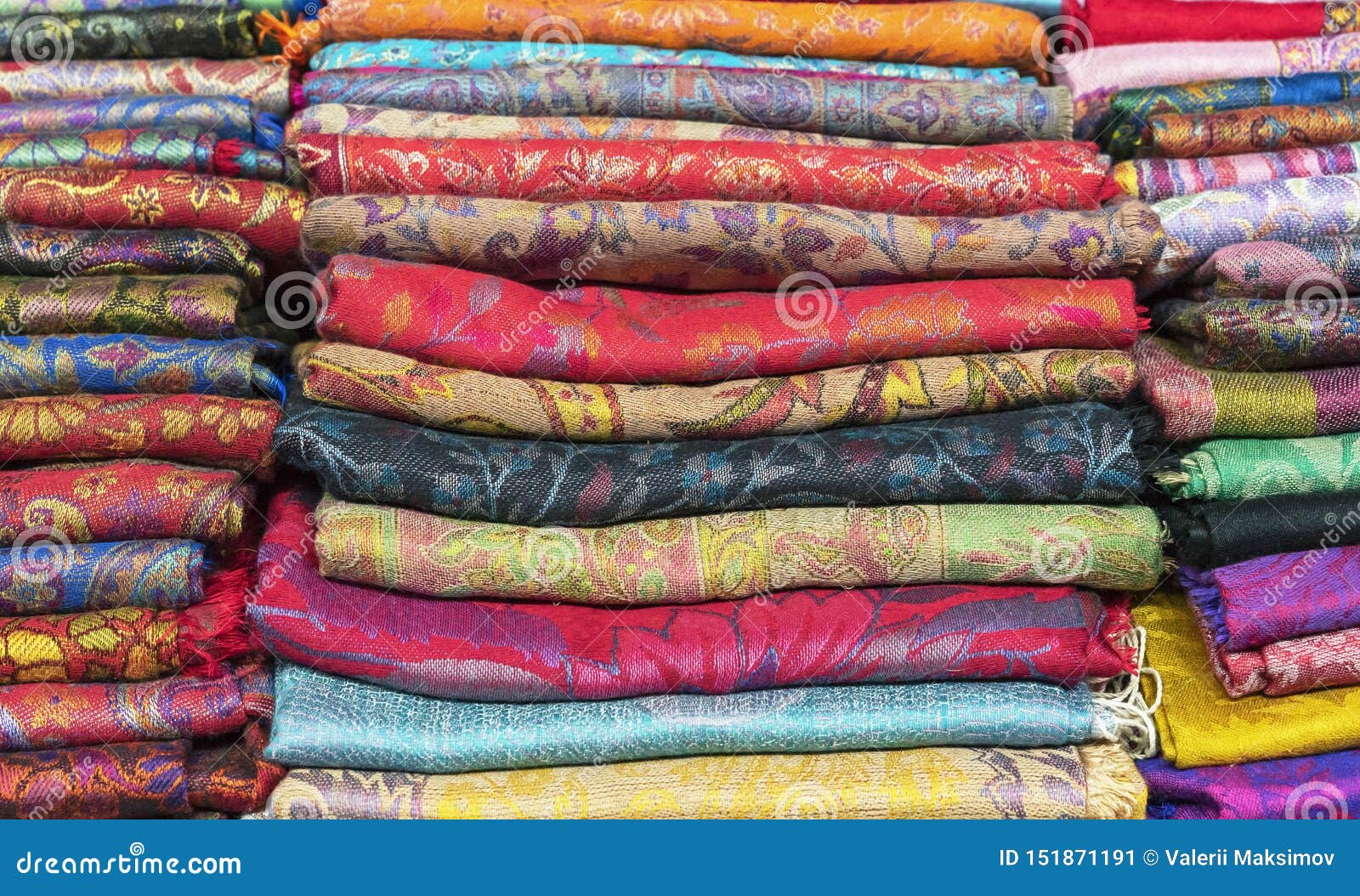 Bright Cashmere Shawls in the Bazaar. Background with Oriental Shawls ...