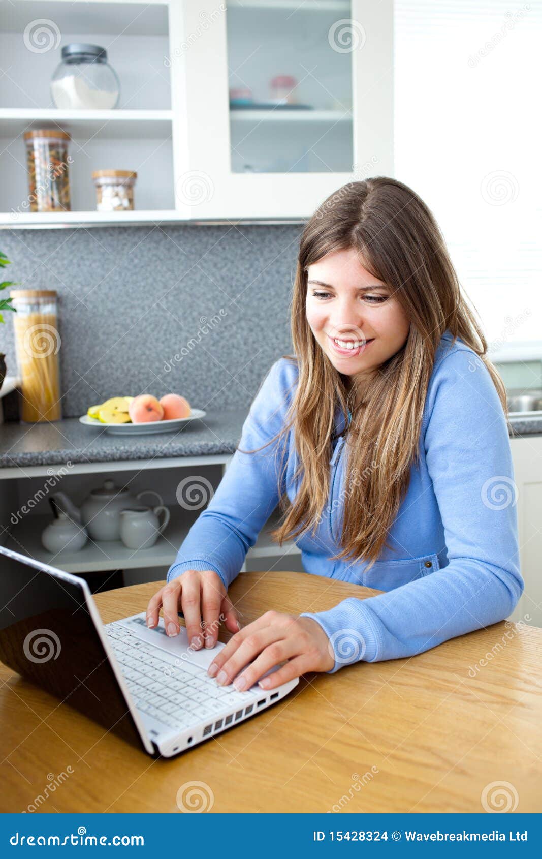 Bright Caucasian Woman Using Her Laptop at Home Stock Photo - Image of ...