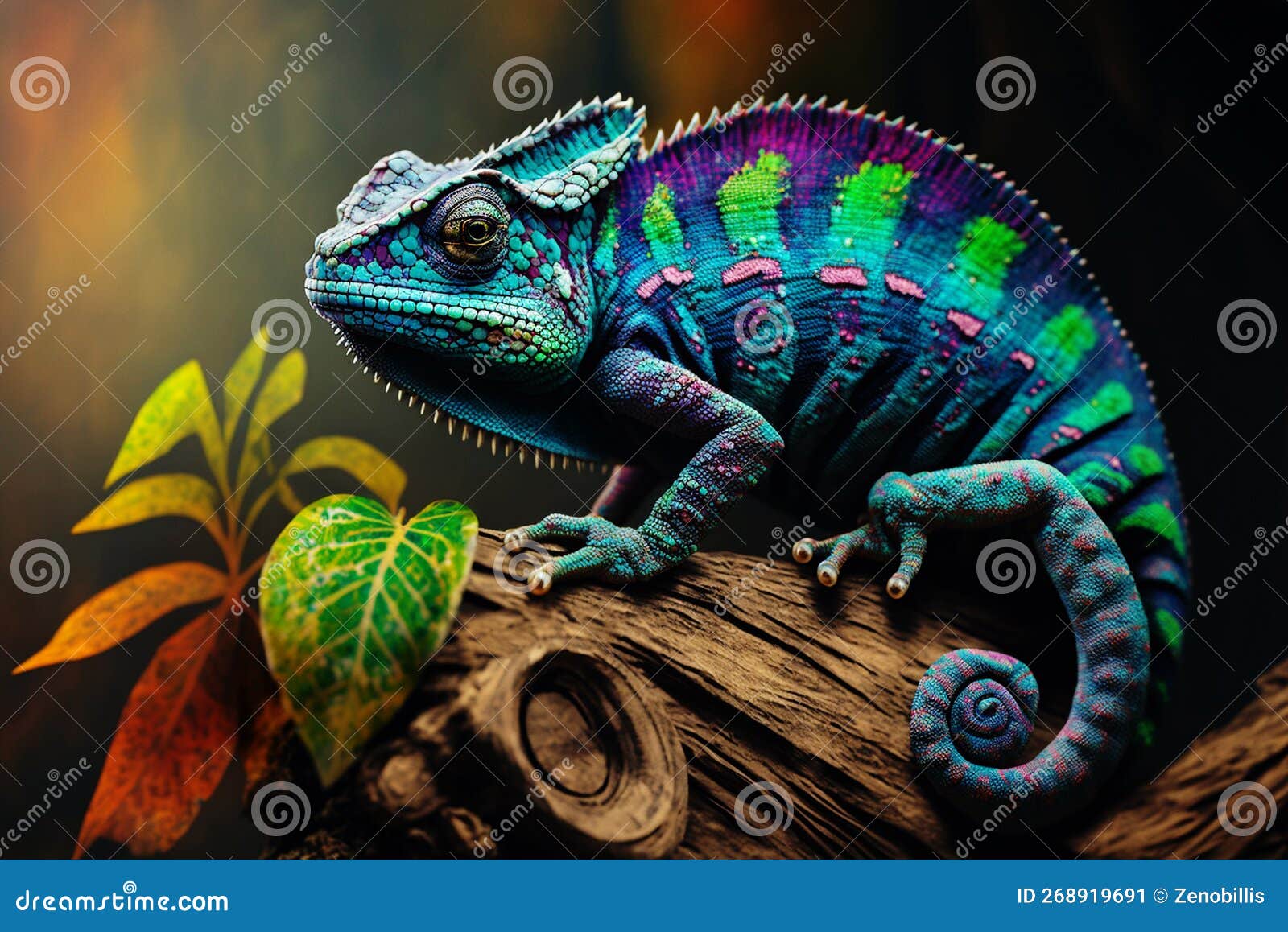 Bright Chameleon on Branch of Tree Stock Illustration - Illustration of ...