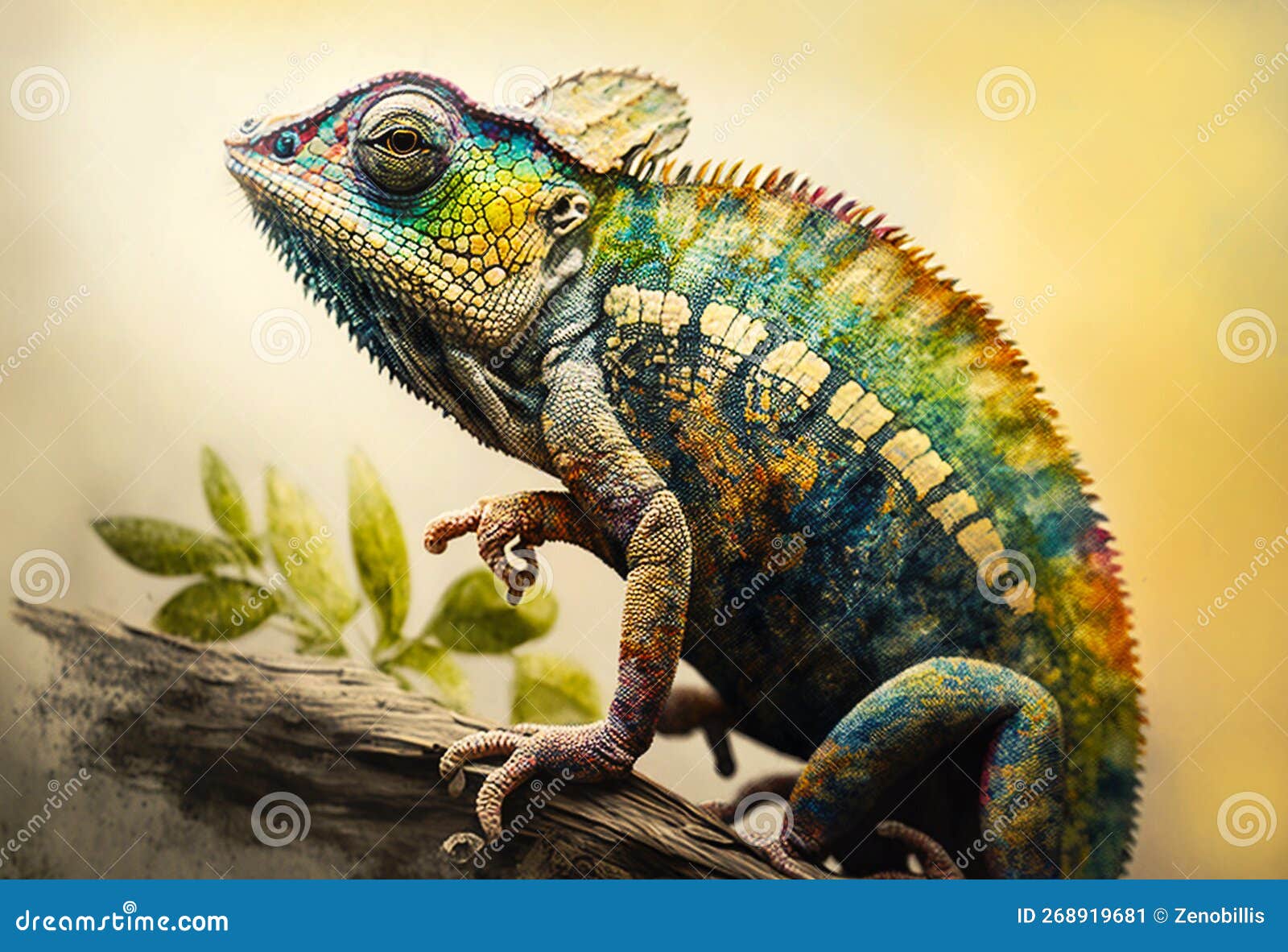 Bright Chameleon on Branch of Tree Stock Illustration - Illustration of ...