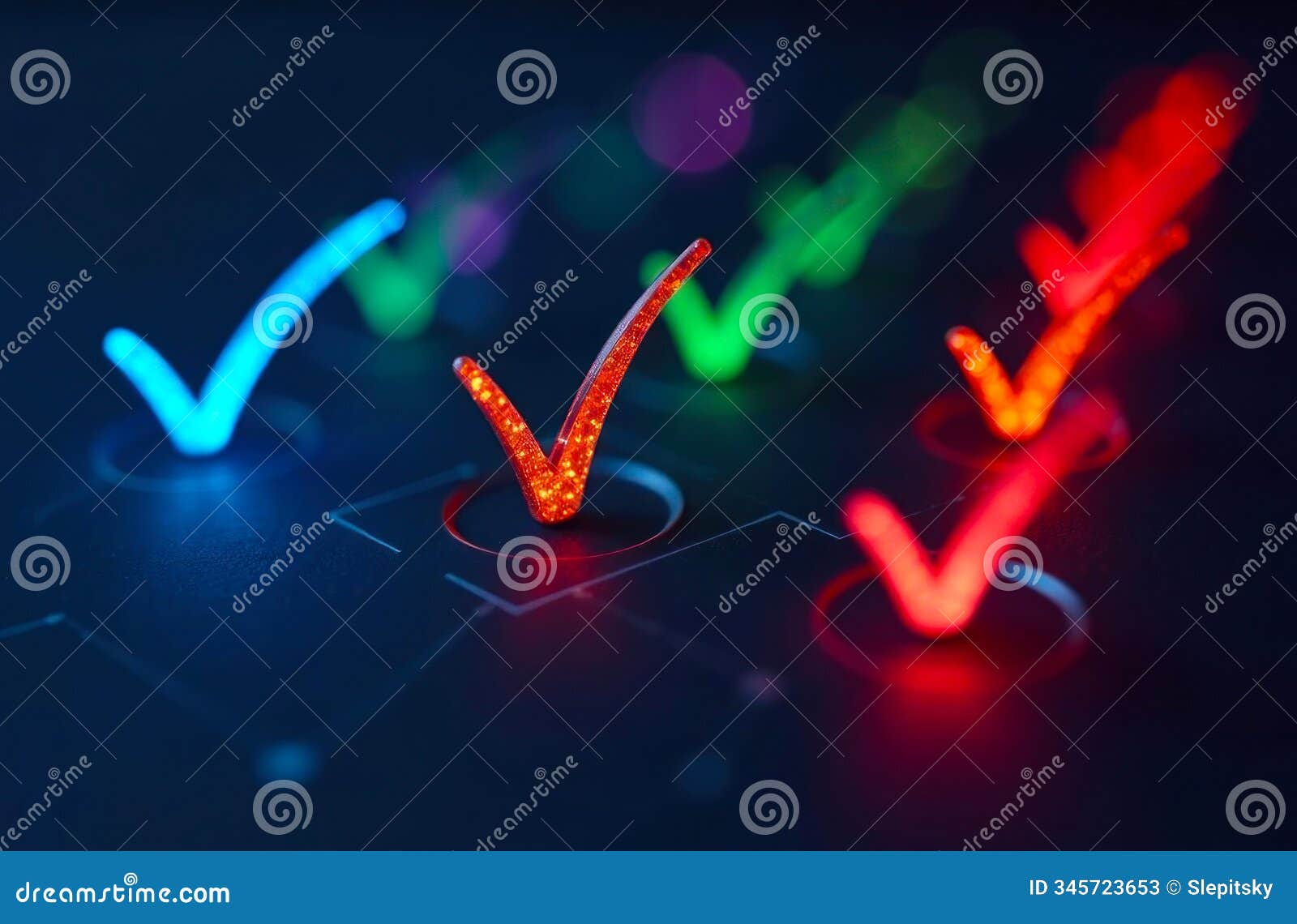Bright Check Marks Glow on a Dark Background, Signaling Completion and ...