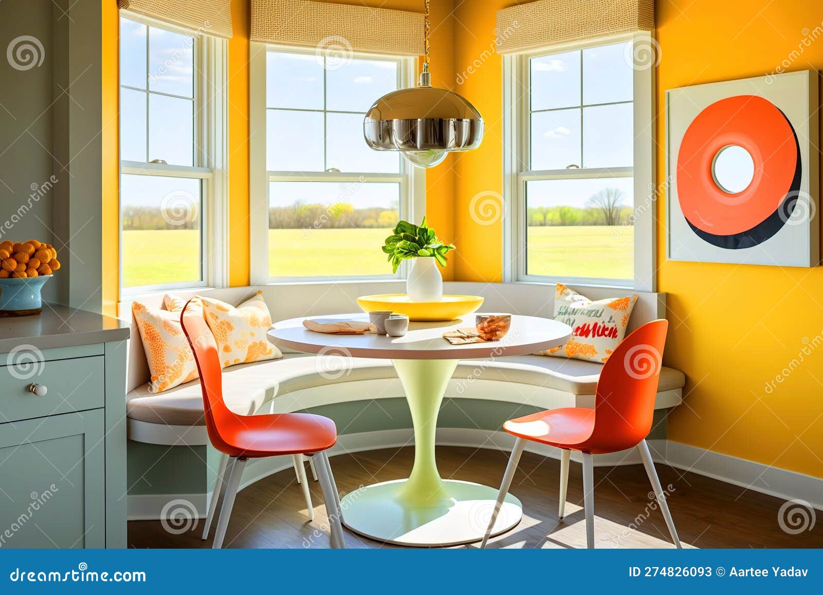 A Bright and Cheerful Breakfast Nook with a Round Table and Matching ...