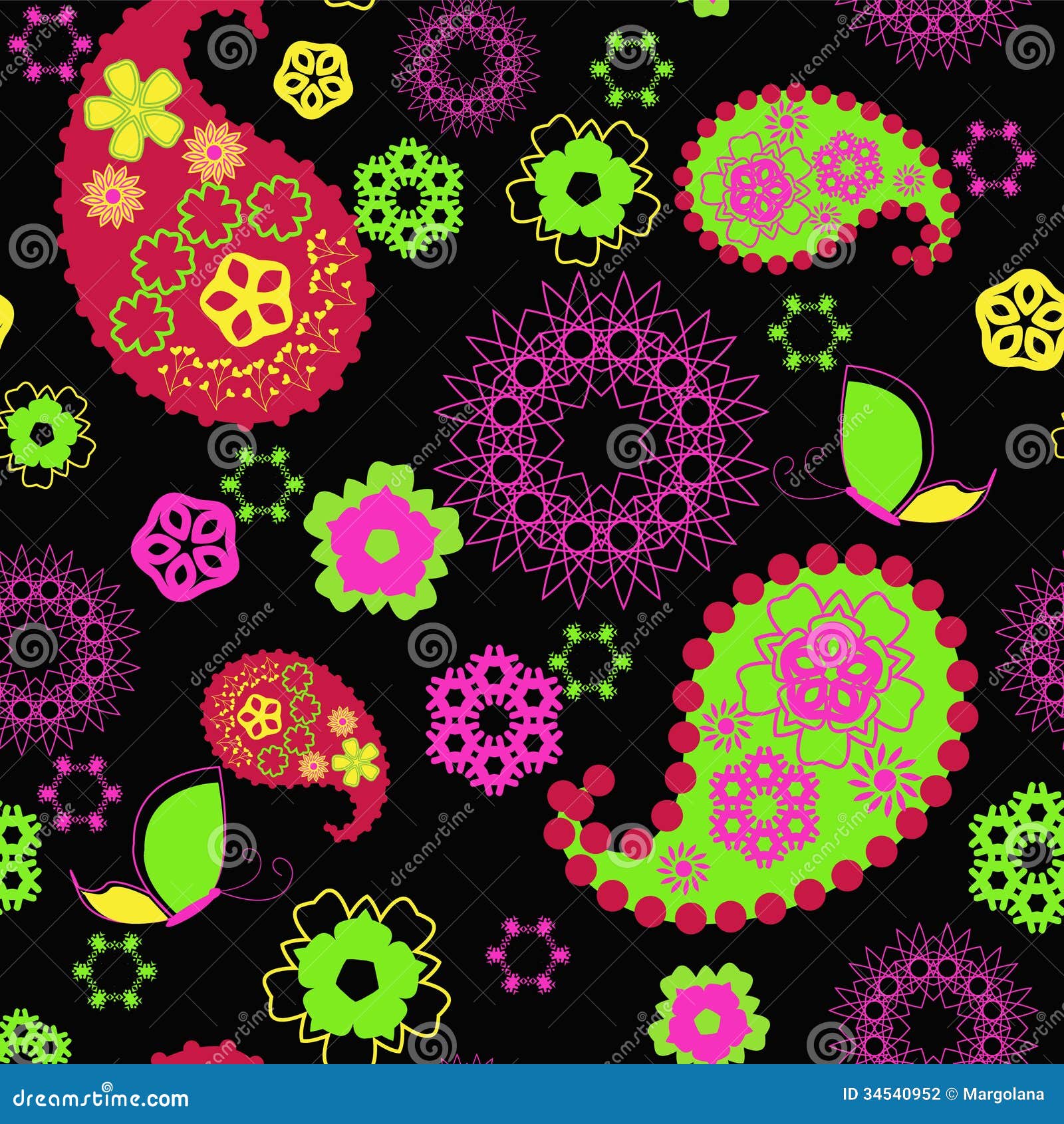Bright Cheerful Floral Pattern on Black Background Stock Vector ...