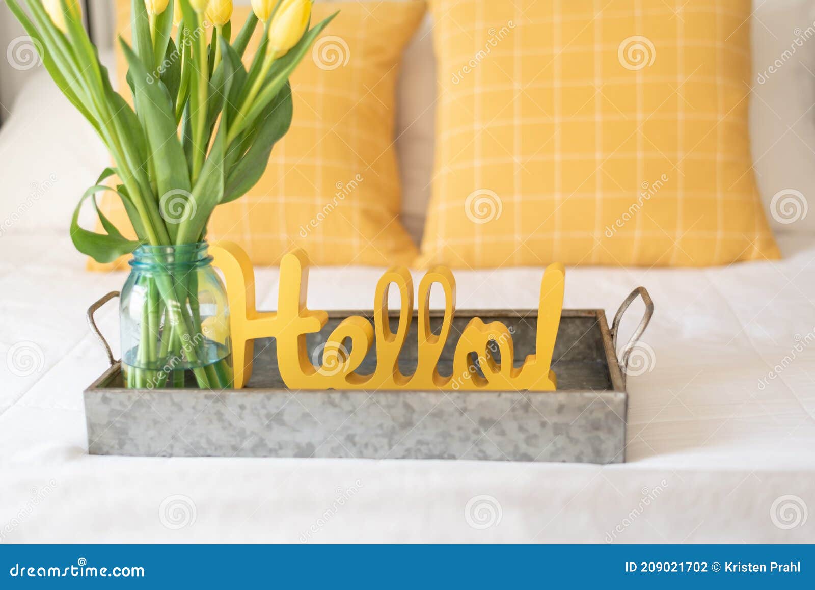 Bright and Cheerful Hello Sign on a Bedroom Tray Stock Photo - Image of ...