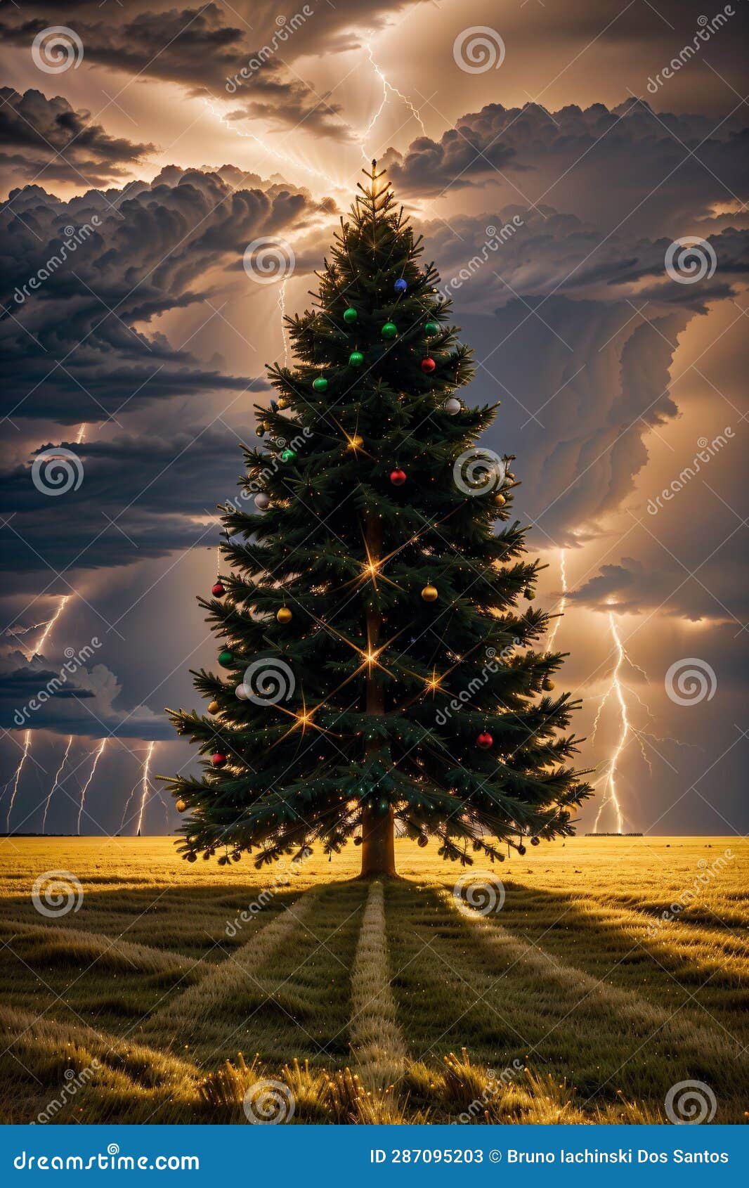 Bright Christmas Tree in a Large Field with Dark Clouds and Lightning ...