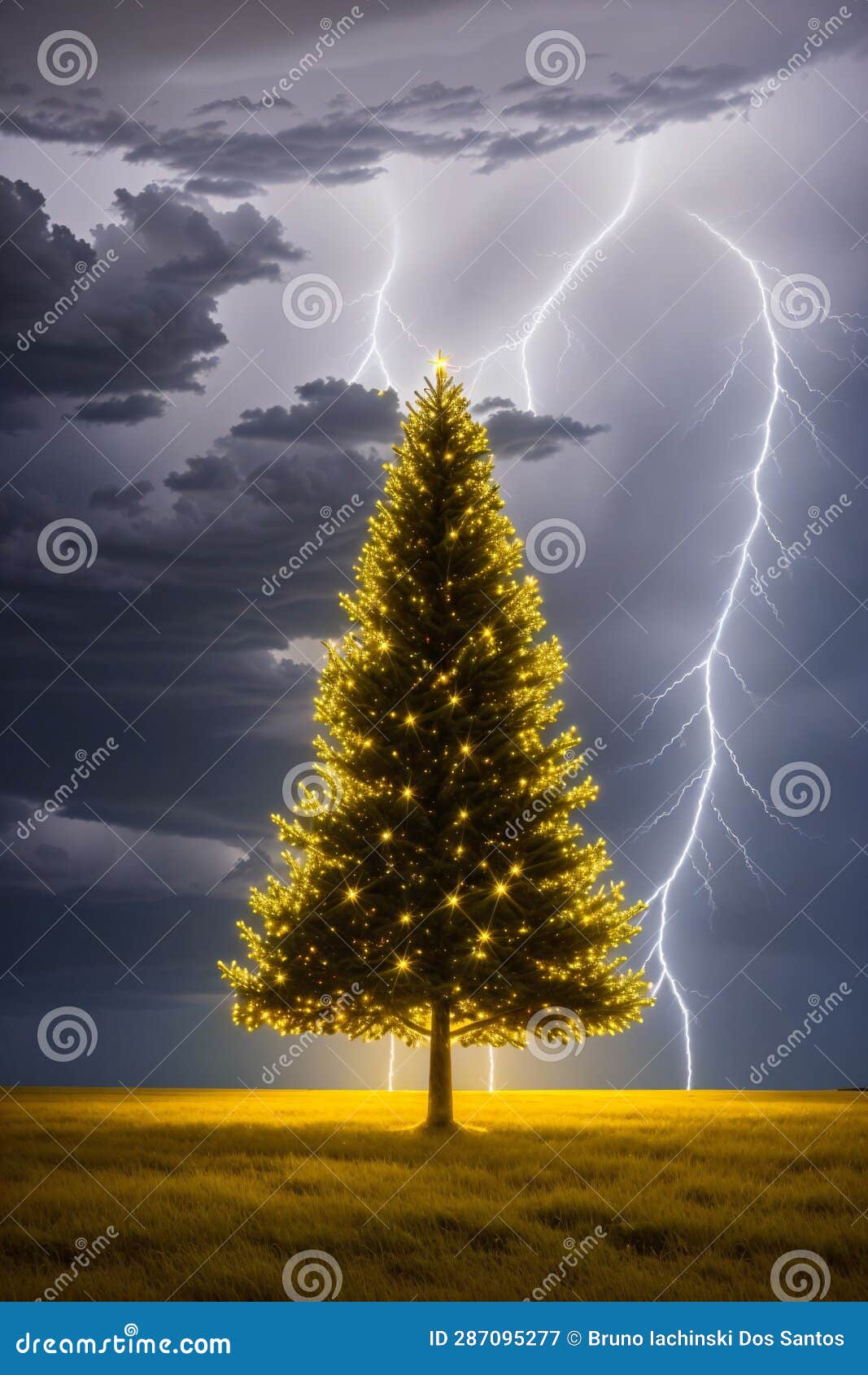 Bright Christmas Tree in a Large Field with Dark Clouds and Lightning ...