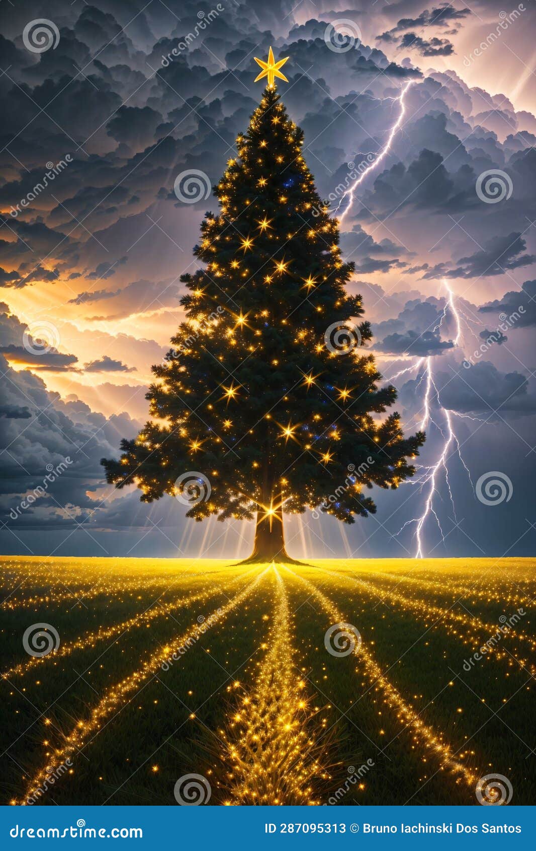 Bright Christmas Tree in a Large Field with Dark Clouds and Lightning ...