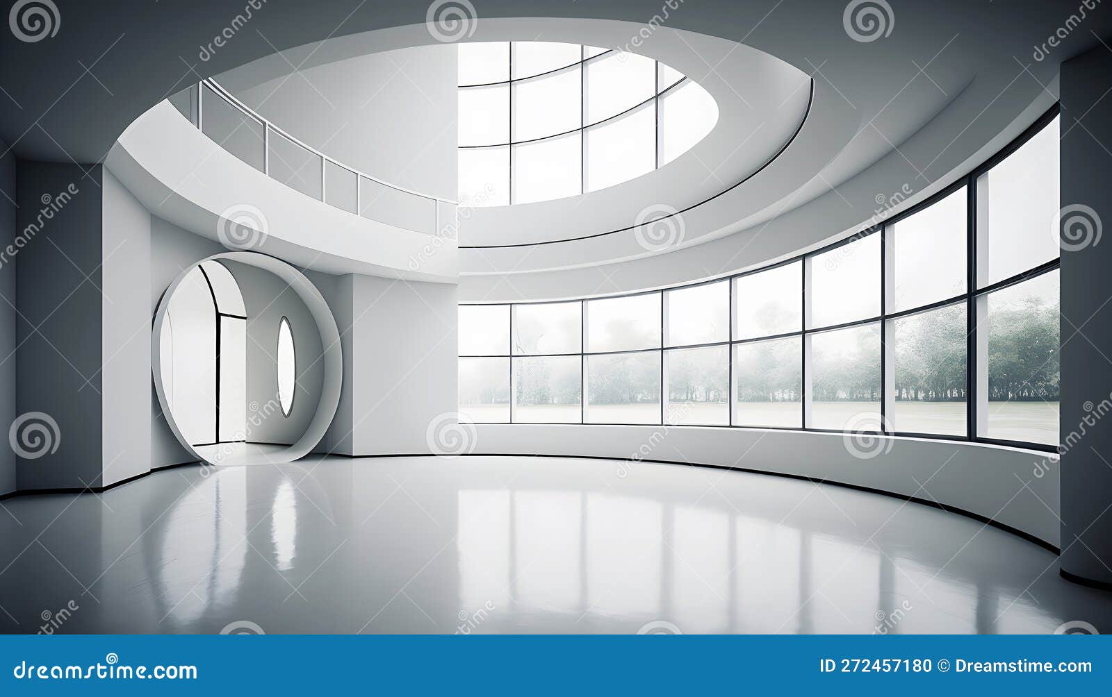 Bright Circular White Open Plan Interior with Sunlight, Illustration Ai ...