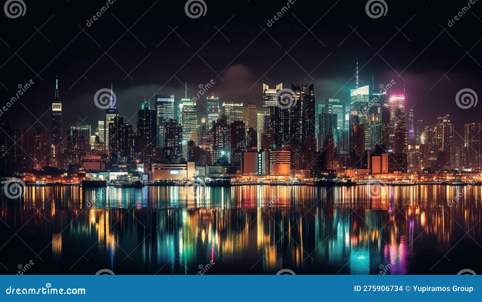 Bright City Skyline Reflects on Waterfront at Dusk Generated by AI ...