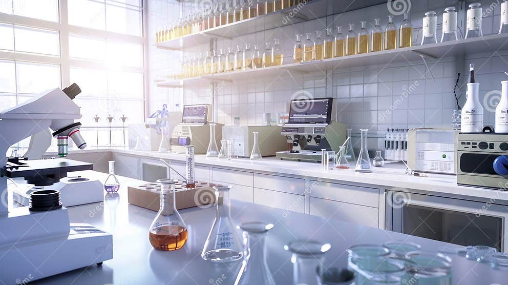 A Bright and Clean Science Lab with Beakers, Test Tubes, and ...