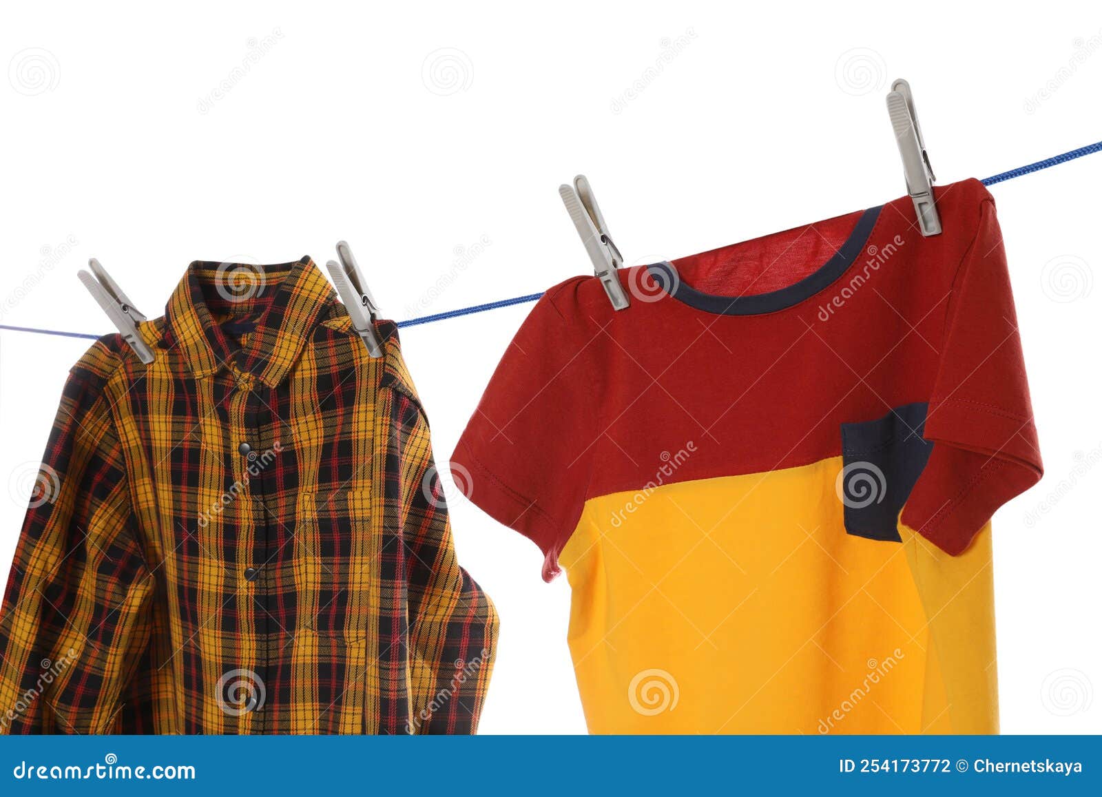 Bright Clothes Drying on Washing Line Against White Background Stock ...