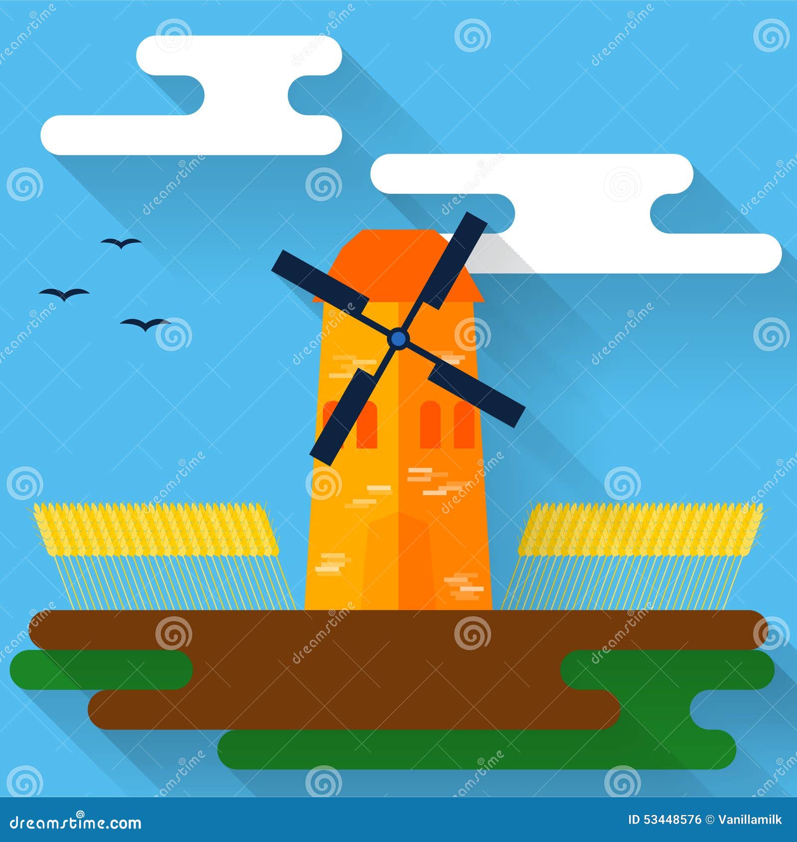 Bright Colored Illustration with Cartoon Windmill and Wheat in Trendy ...