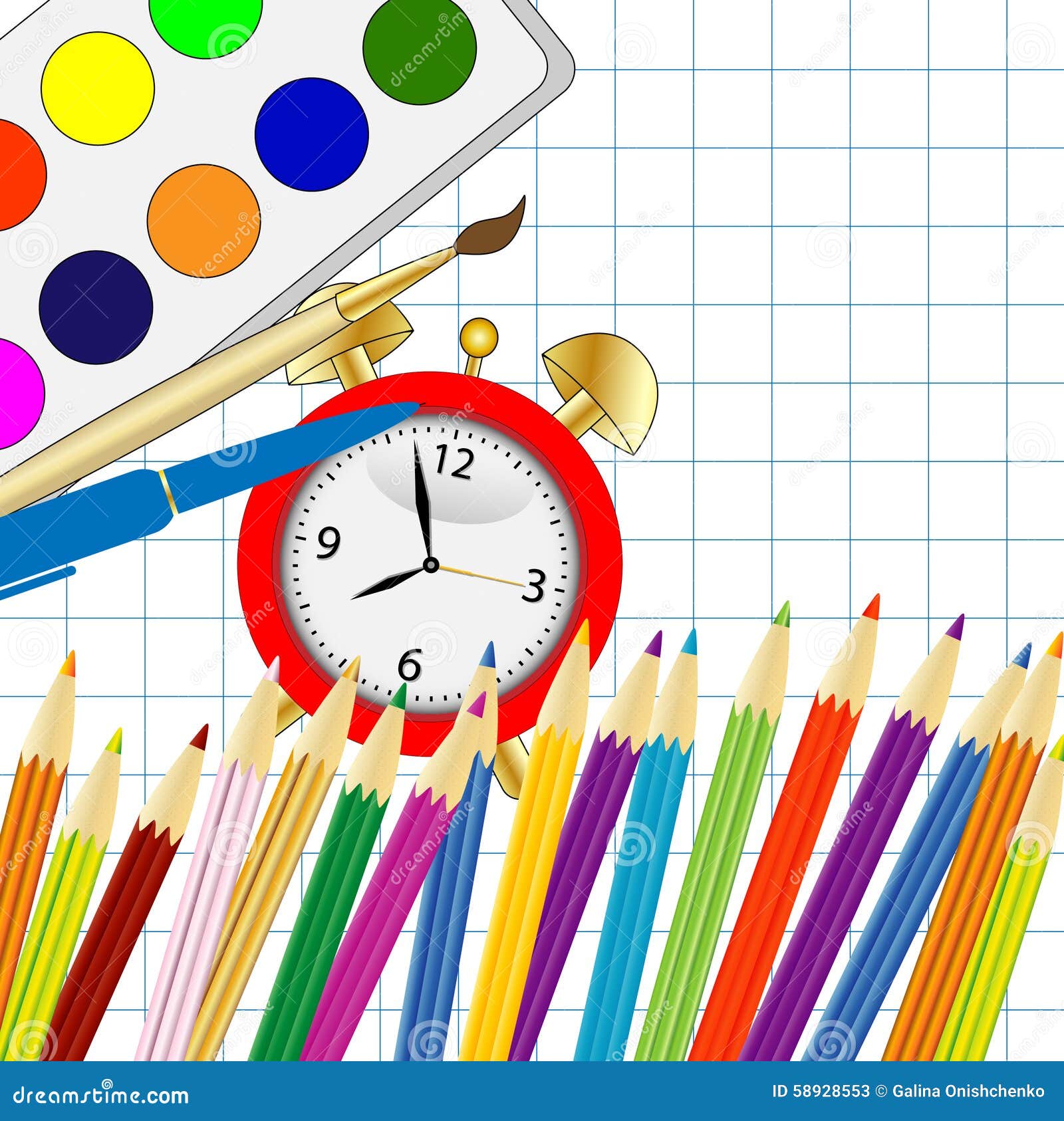 Bright Colored Pencils,alarm Clock and Paint Stock Vector ...