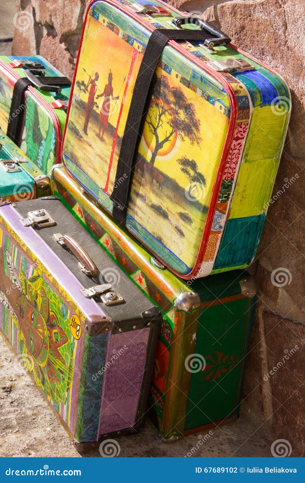 Bright Colored Retro Suitcases for Travel Stock Photo - Image of rest ...