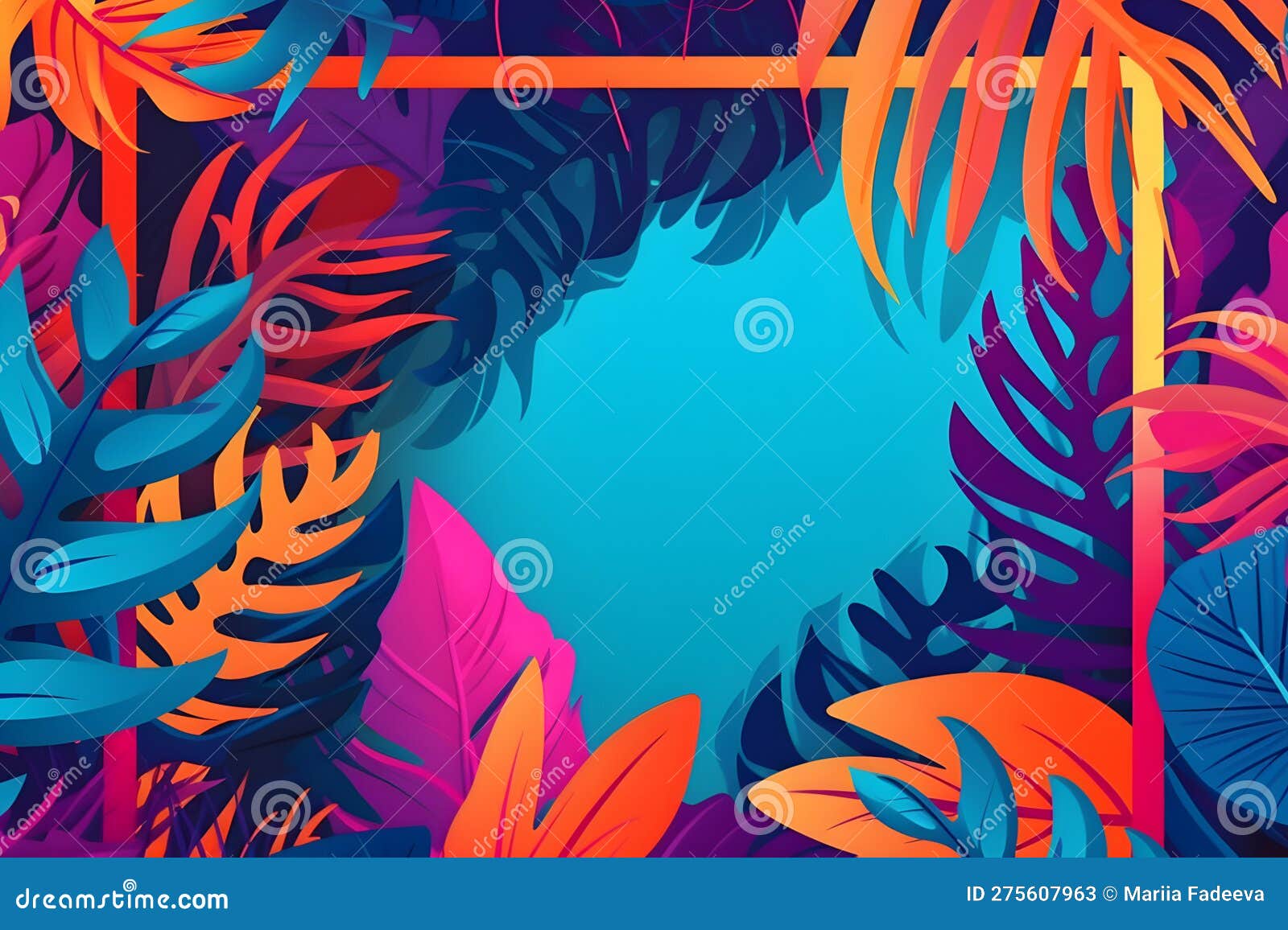Bright, Colored Tropical Leaves on a Blue Background, with an Empty ...