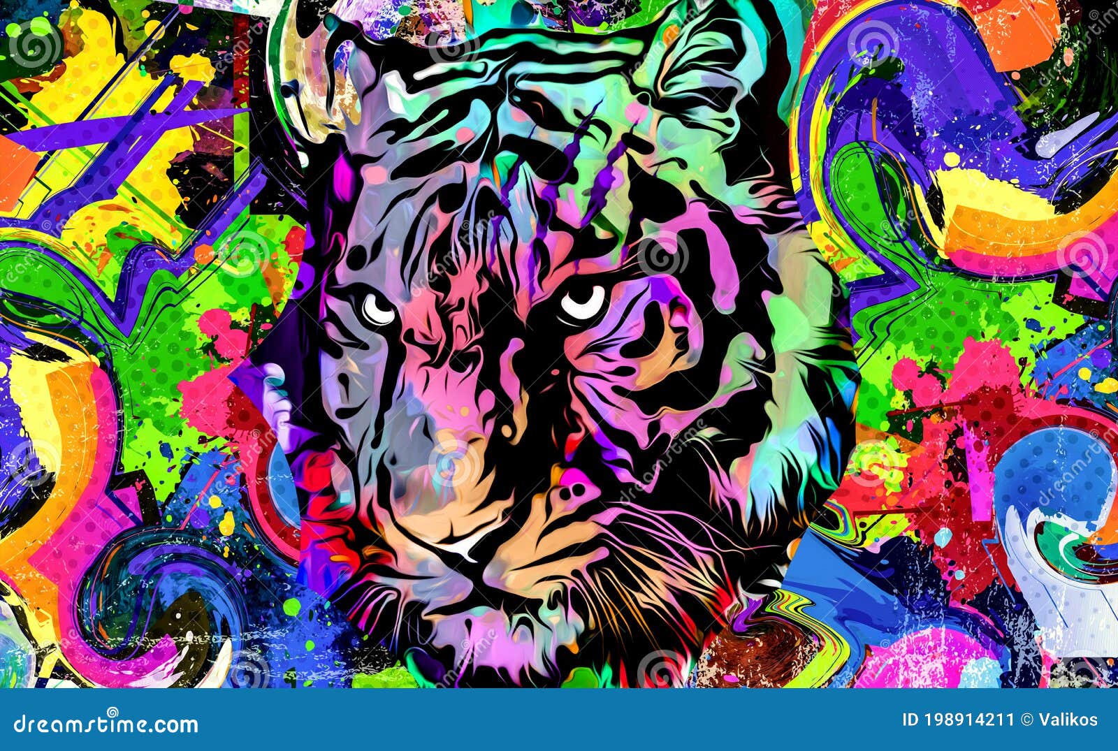Bright Colorful Art with Tiger Head Design Concept Stock Illustration ...