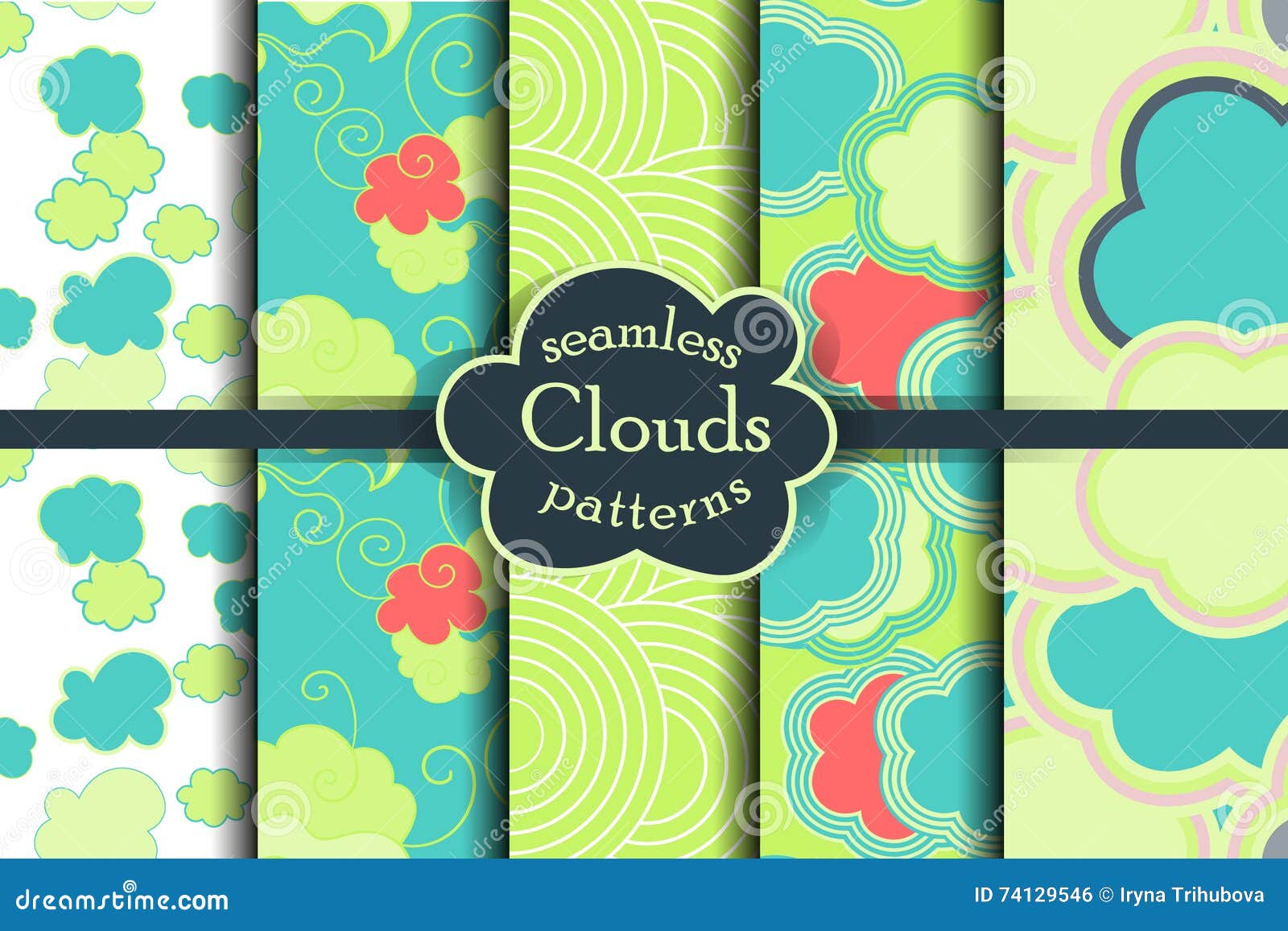 Bright, Colorful, Cartoon Sky and Clouds Seamless Pattern Set. Stock ...