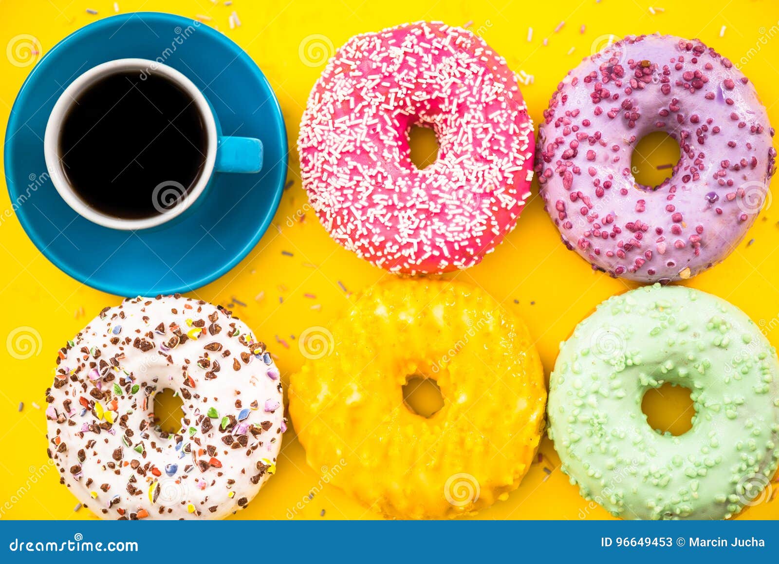 Bright Colorful Donuts and Coffee Stock Image - Image of minimal ...