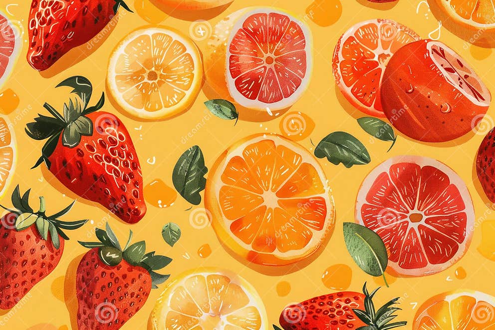 Bright and Colorful Fruit Pattern Illustration with Citrus and Berries ...