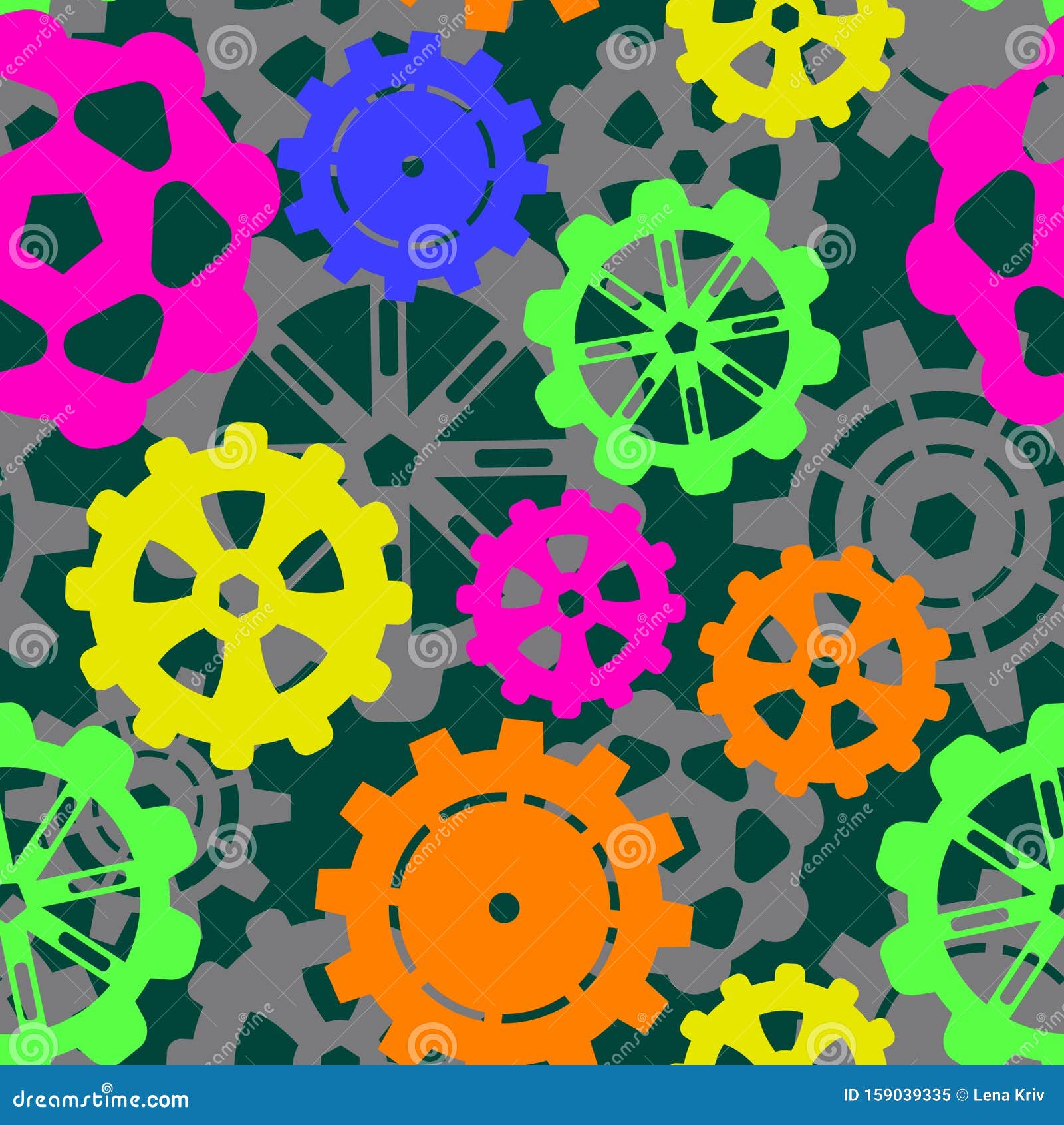 Bright, Colorful Gears on a Dark Green and Gray Background. Seamless ...