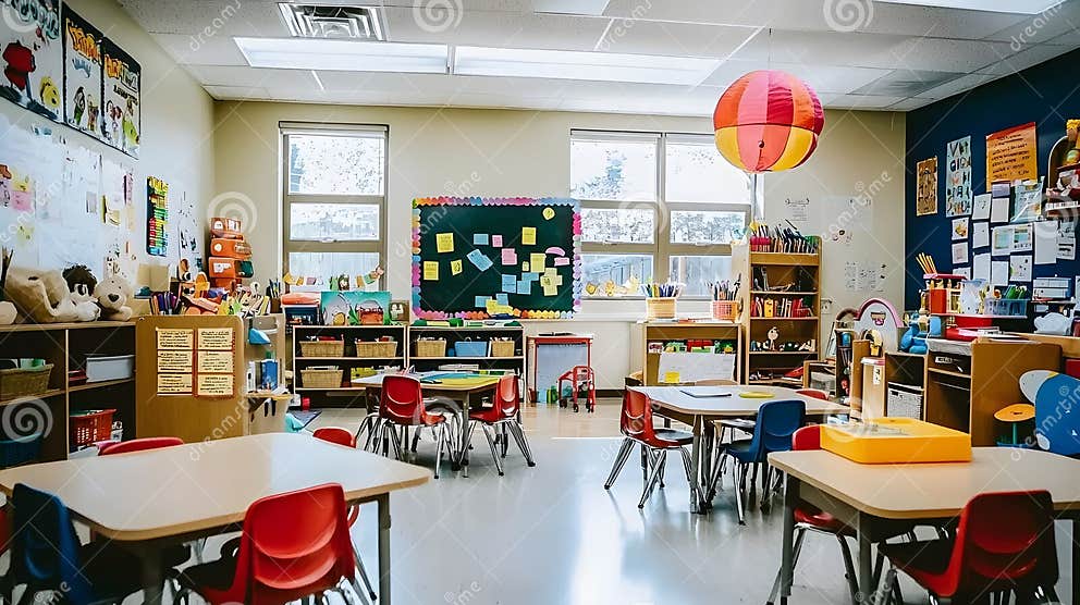 Bright and Colorful Kindergarten Classroom Setting Stock Illustration ...