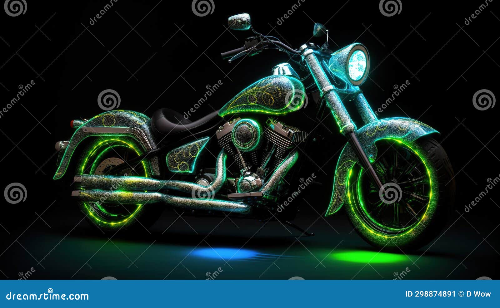 Bright and Colorful Motorcycle with Neon Lights on a Dark Background ...