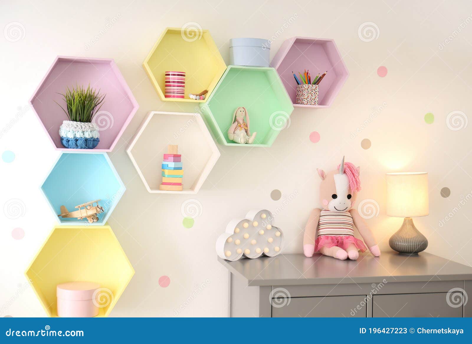 Bright Colorful Shelves on Light Wall in Room. Interior Design Stock ...