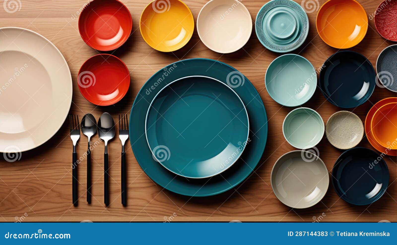 Bright Colorful Table Setting with Multi-colored Ceramic Dishes in ...
