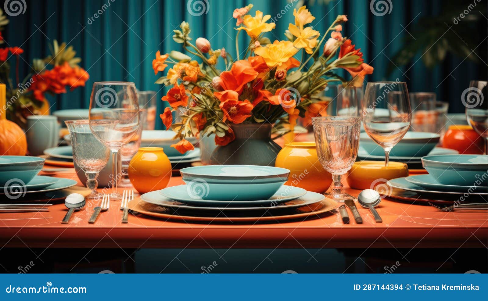 Bright Colorful Table Setting with Multi-colored Ceramic Dishes in ...