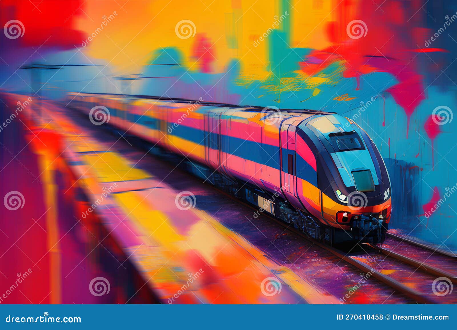 Bright Colorful Train in Motion on Rails. Modern Train on Background of ...