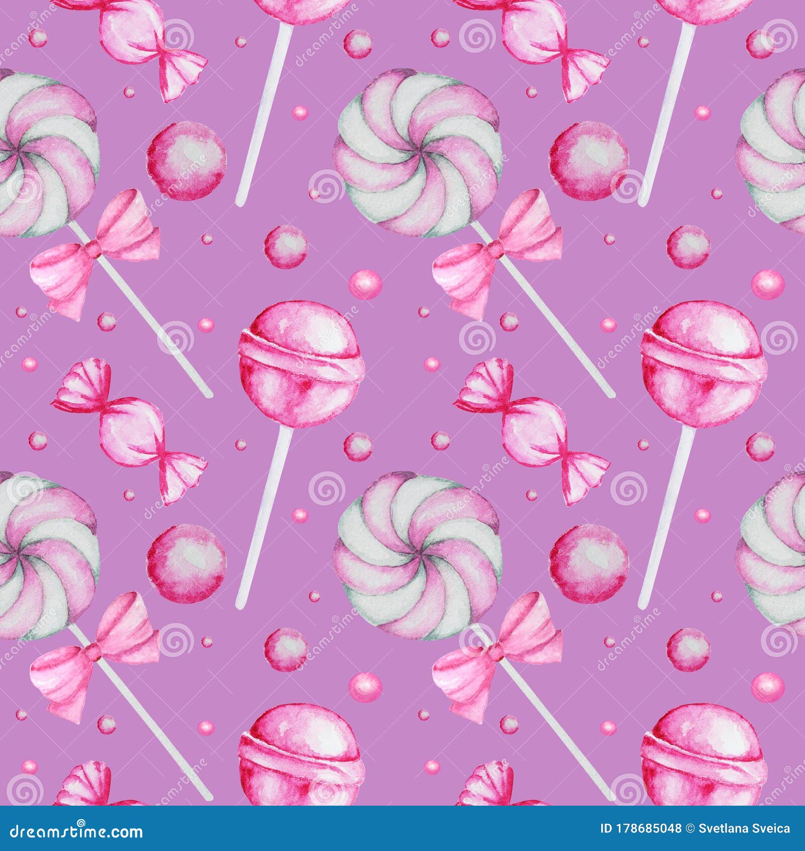 Bright Colors Candy Sweets Seamless Pattern Watercolor Hand Drawn