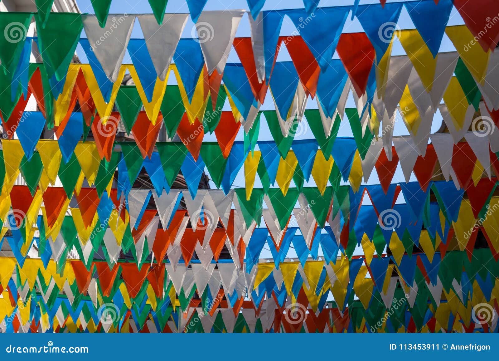Bright Coloured Triangular Flags Hang Closely Together from Line Stock ...