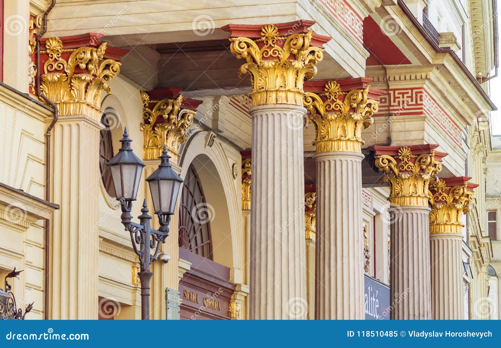 Bright Columns of the Building, Old Courtyard, Gilded Cola Stock Image ...