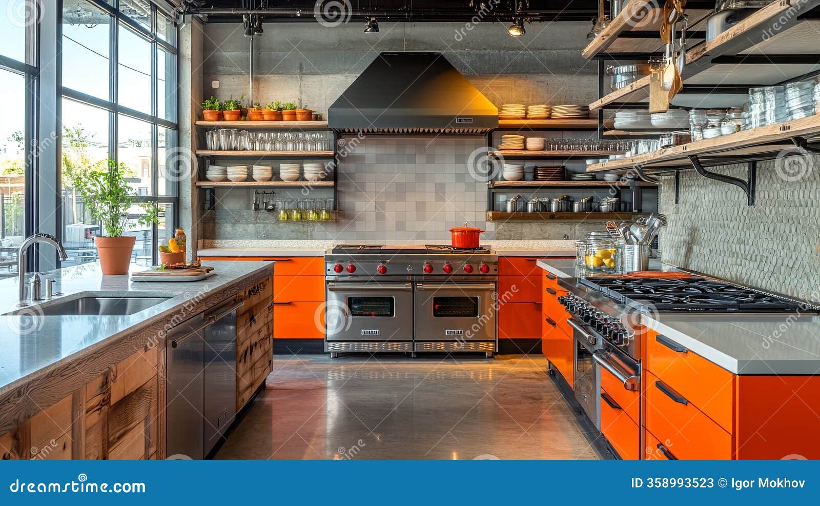 A Bright Commercial Kitchen Display Featuring Professional-grade Ovens ...