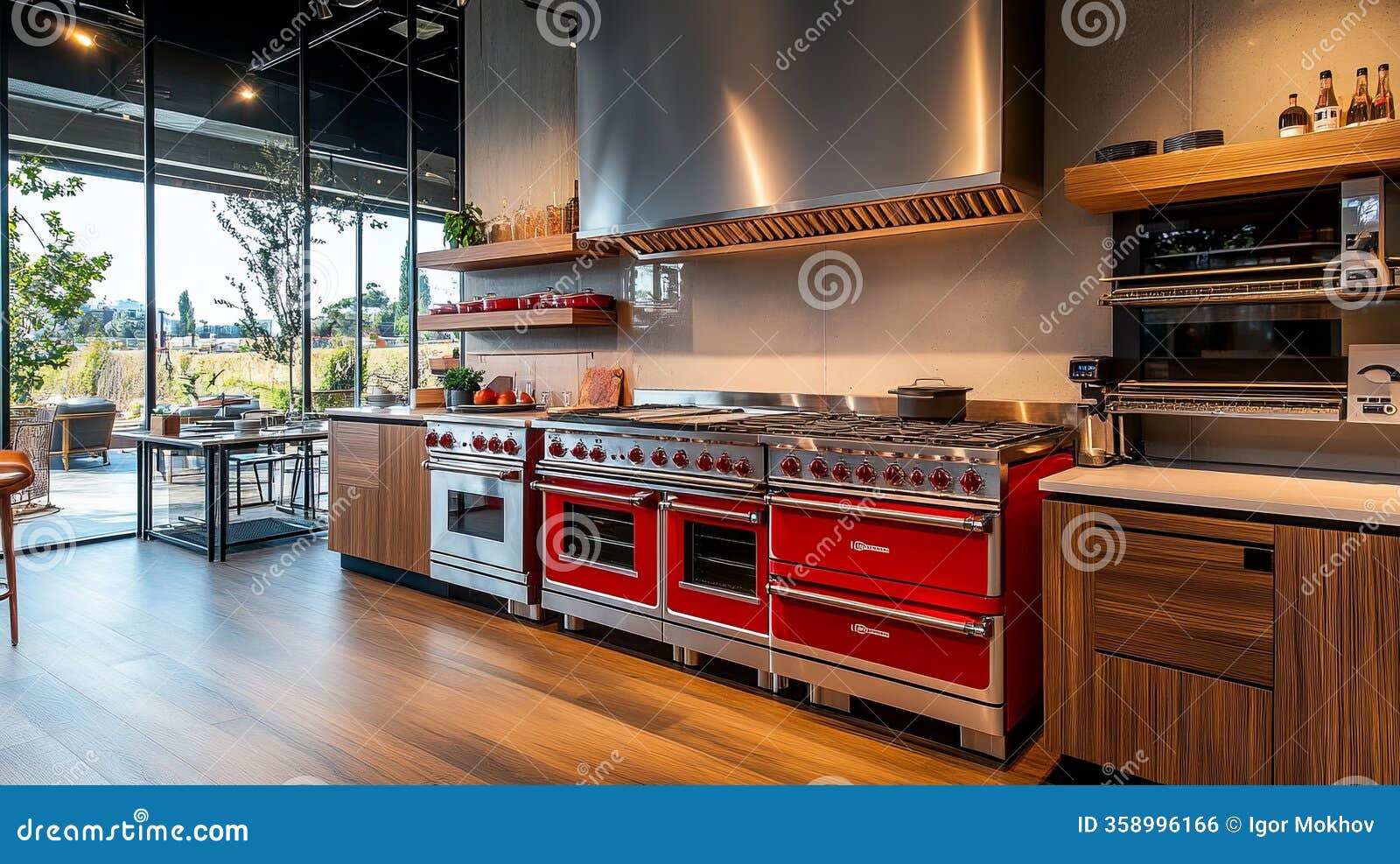 A Bright Commercial Kitchen Display Featuring Professional-grade Ovens ...