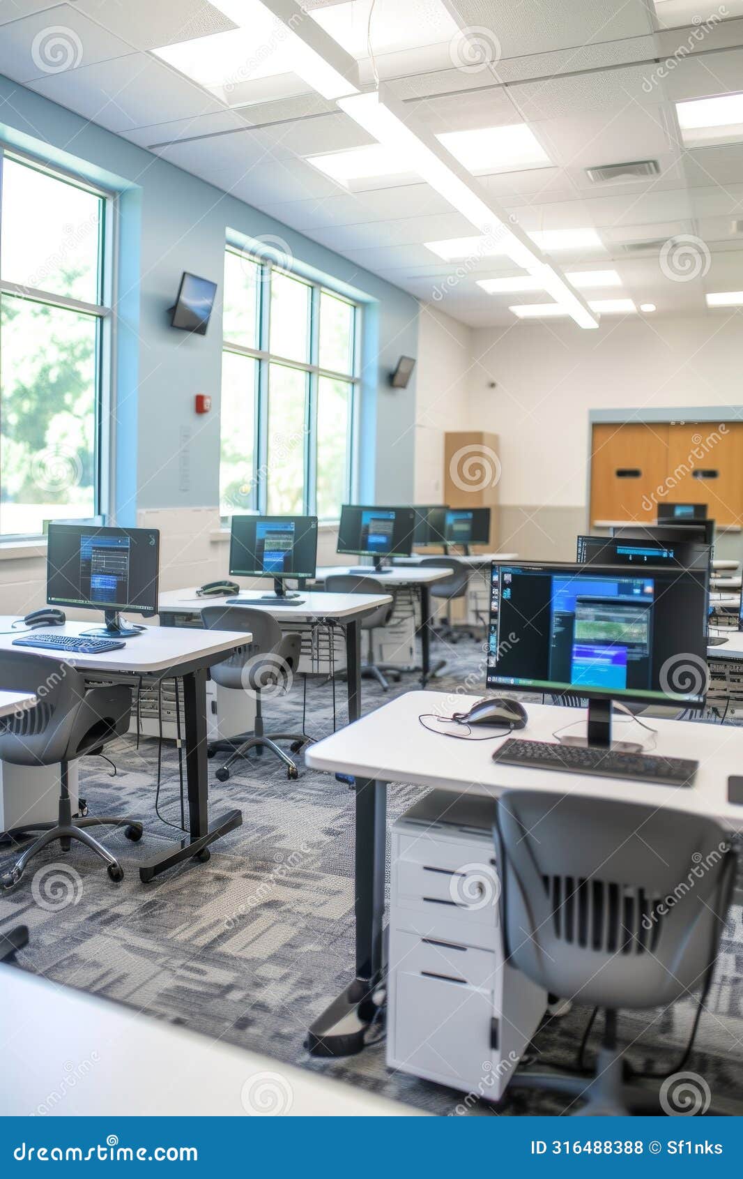 Bright Computer Lab with Multiple Workstations and Large Windows ...