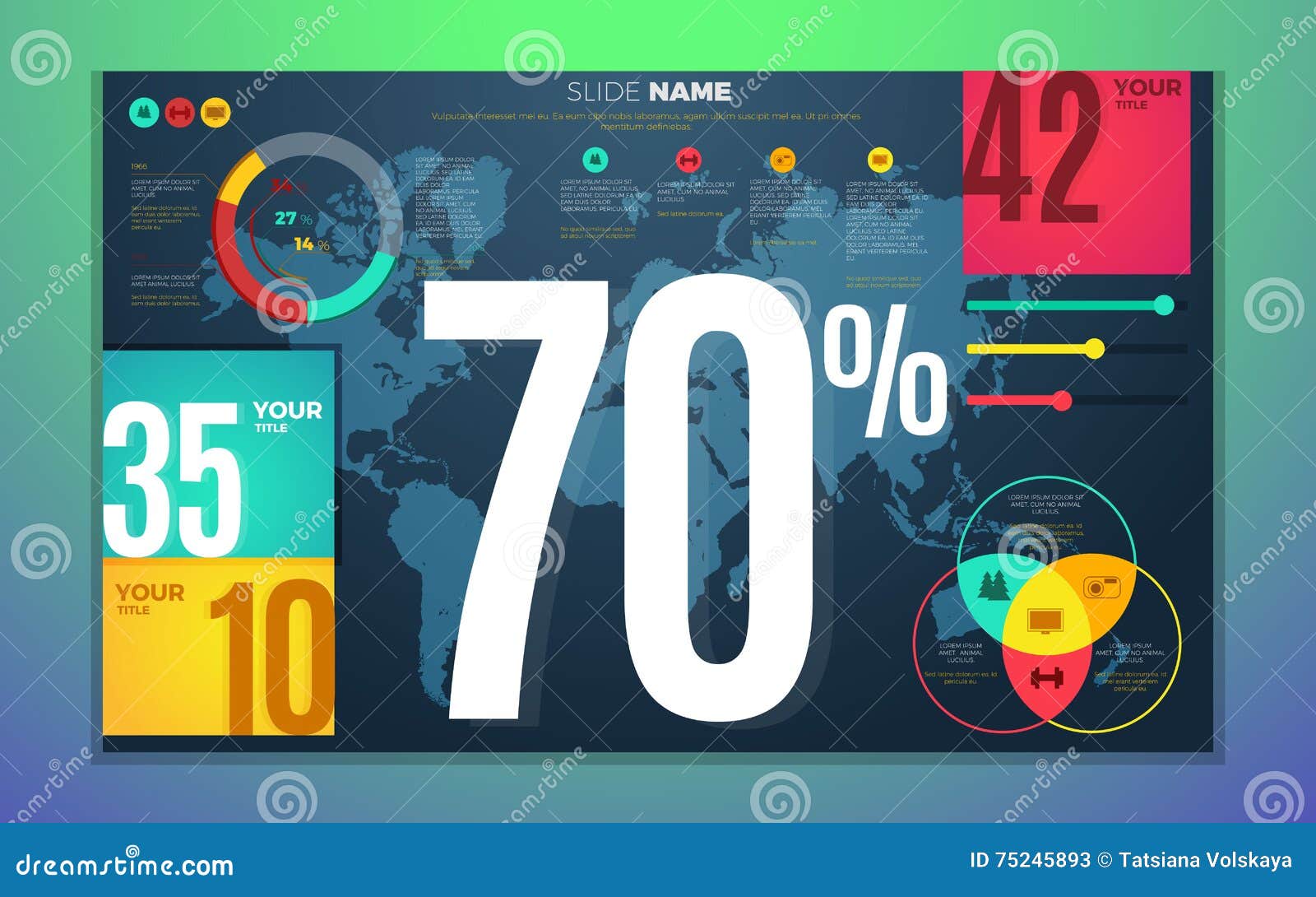 Bright Contrast Colors Infographic Set with Charts, Map, Boxes and ...