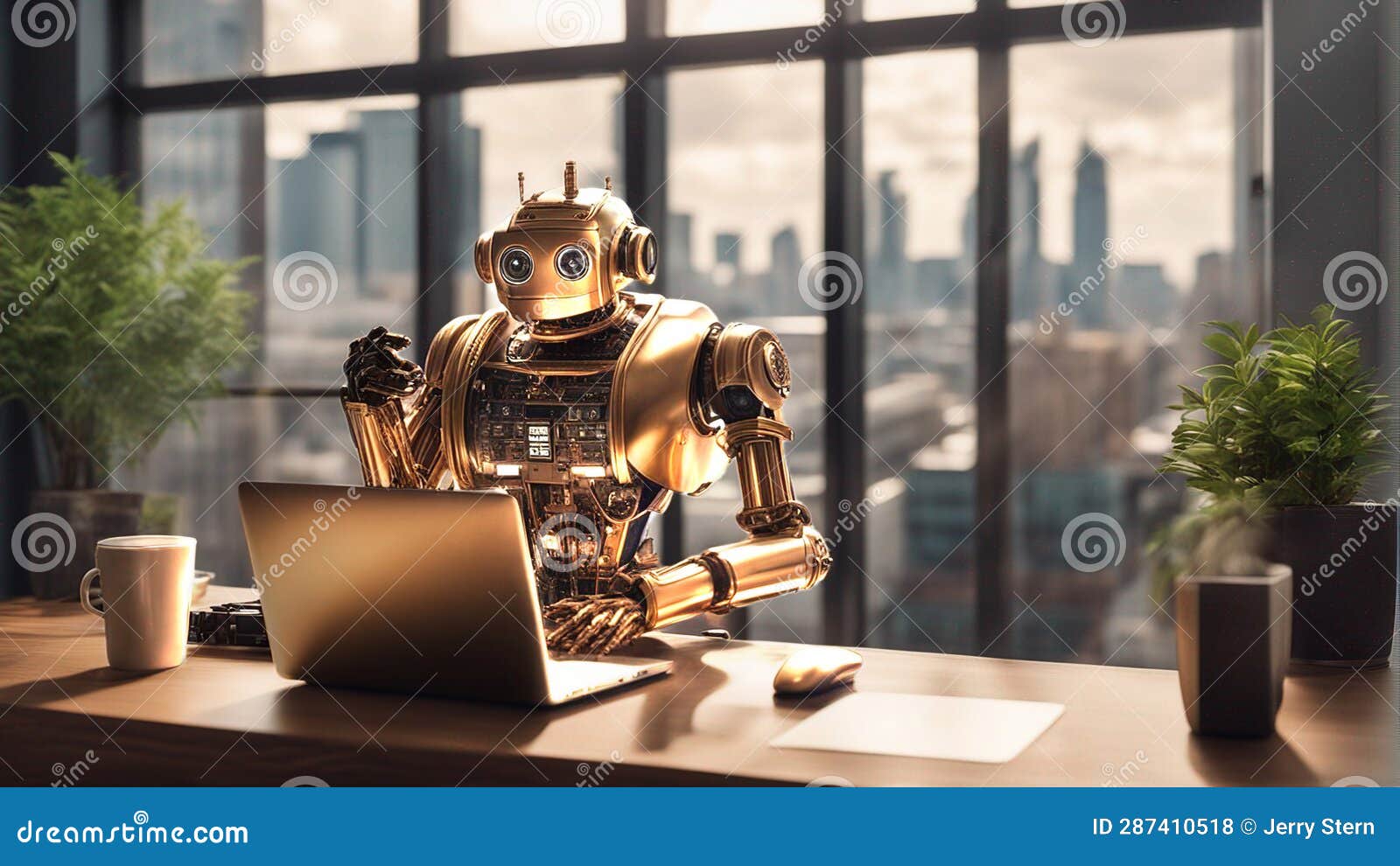 Bright Copper Robot Working in a Window Office Stock Illustration ...