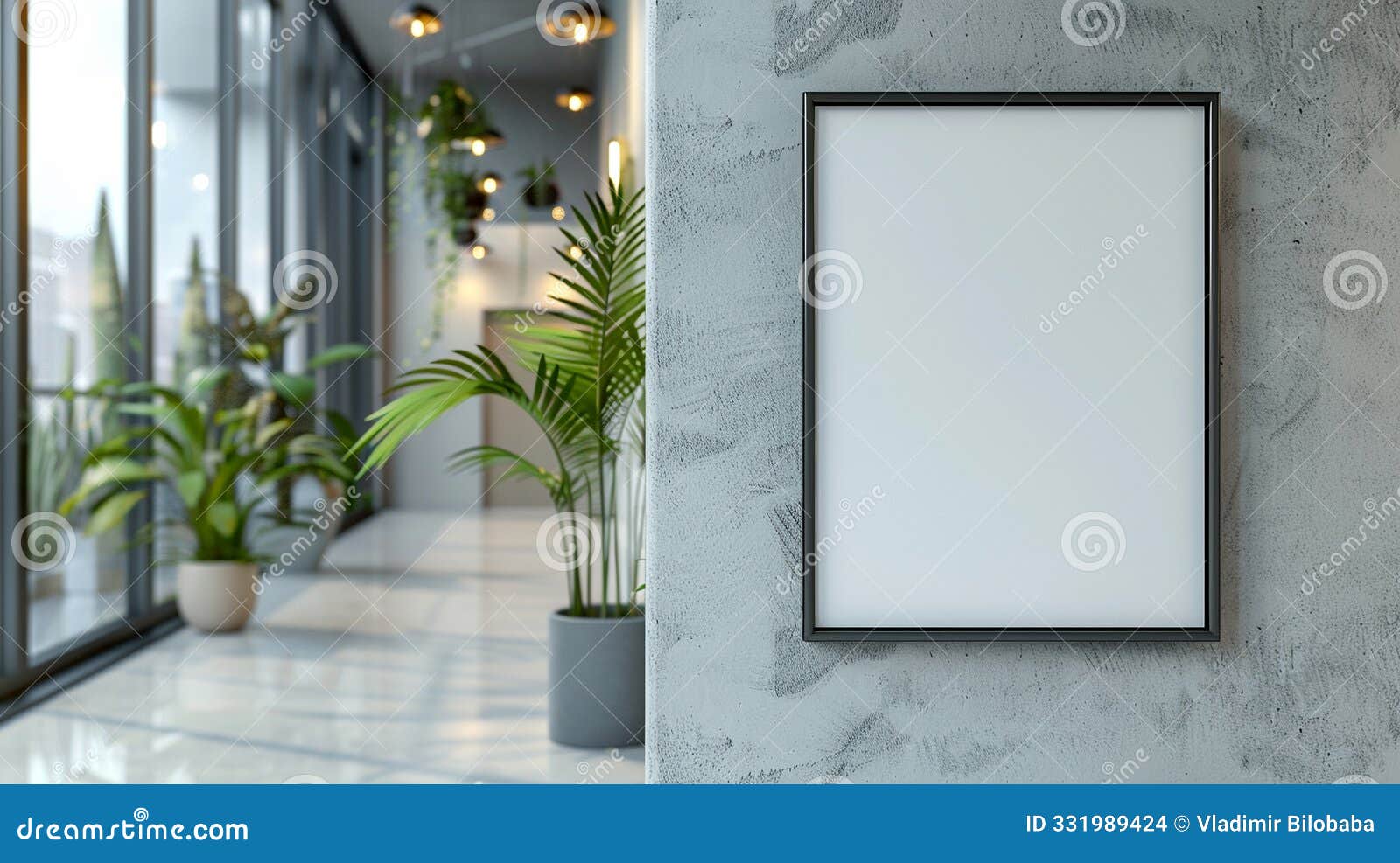 A Modern Interior Corridor Featuring Empty Frame and Decorative Plants ...