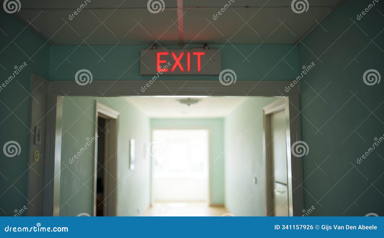 Bright Corridor with Exit Sign Above Doorway Stock Illustration ...