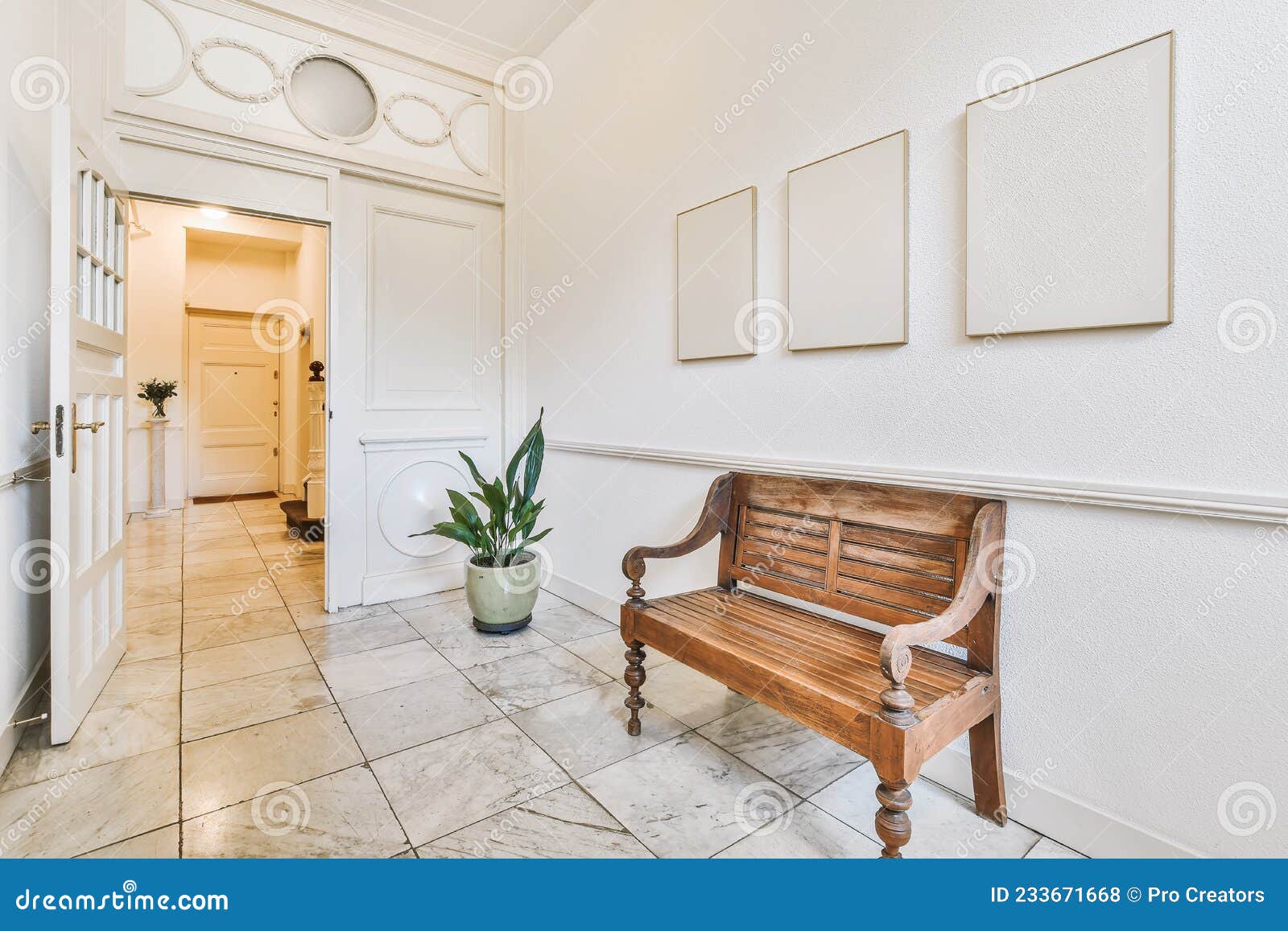 Bright corridor and bench stock photo. Image of inside - 233671668